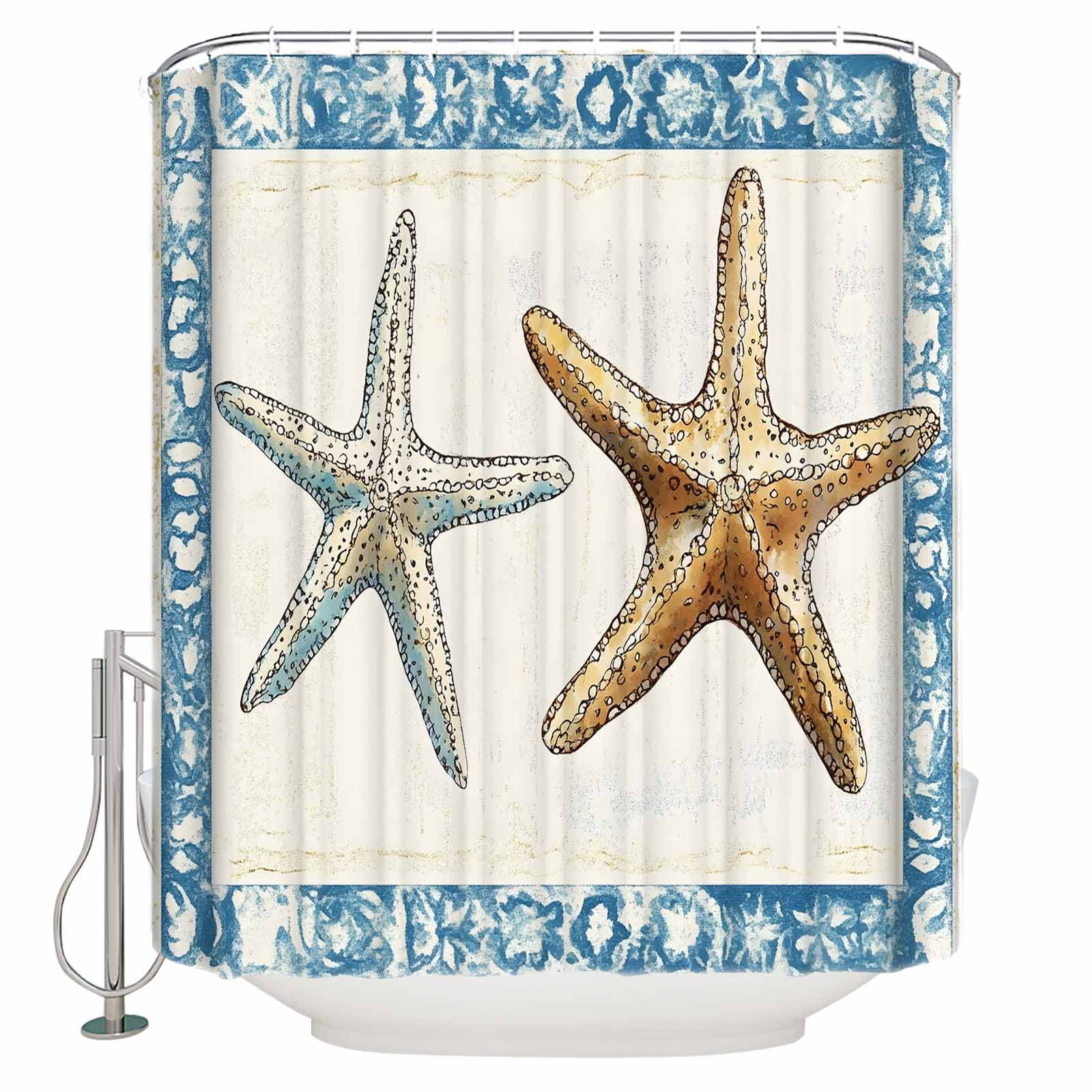 Blue Beige Coastal Beach Bathroom Shower Curtains with 12 Hooks ...