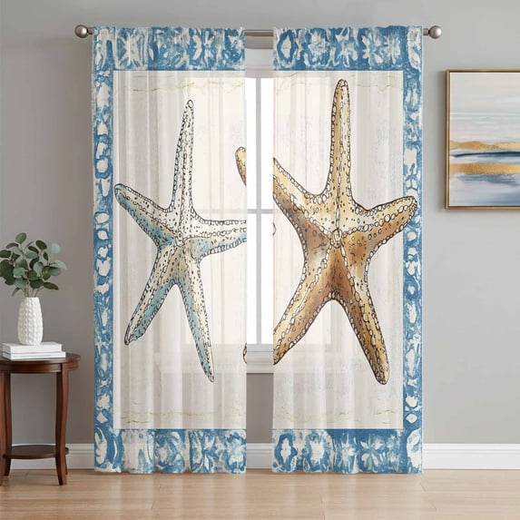 Blue Beige Coastal Beach Sheer Curtains 63 Inch Length 2 Panels Set ...