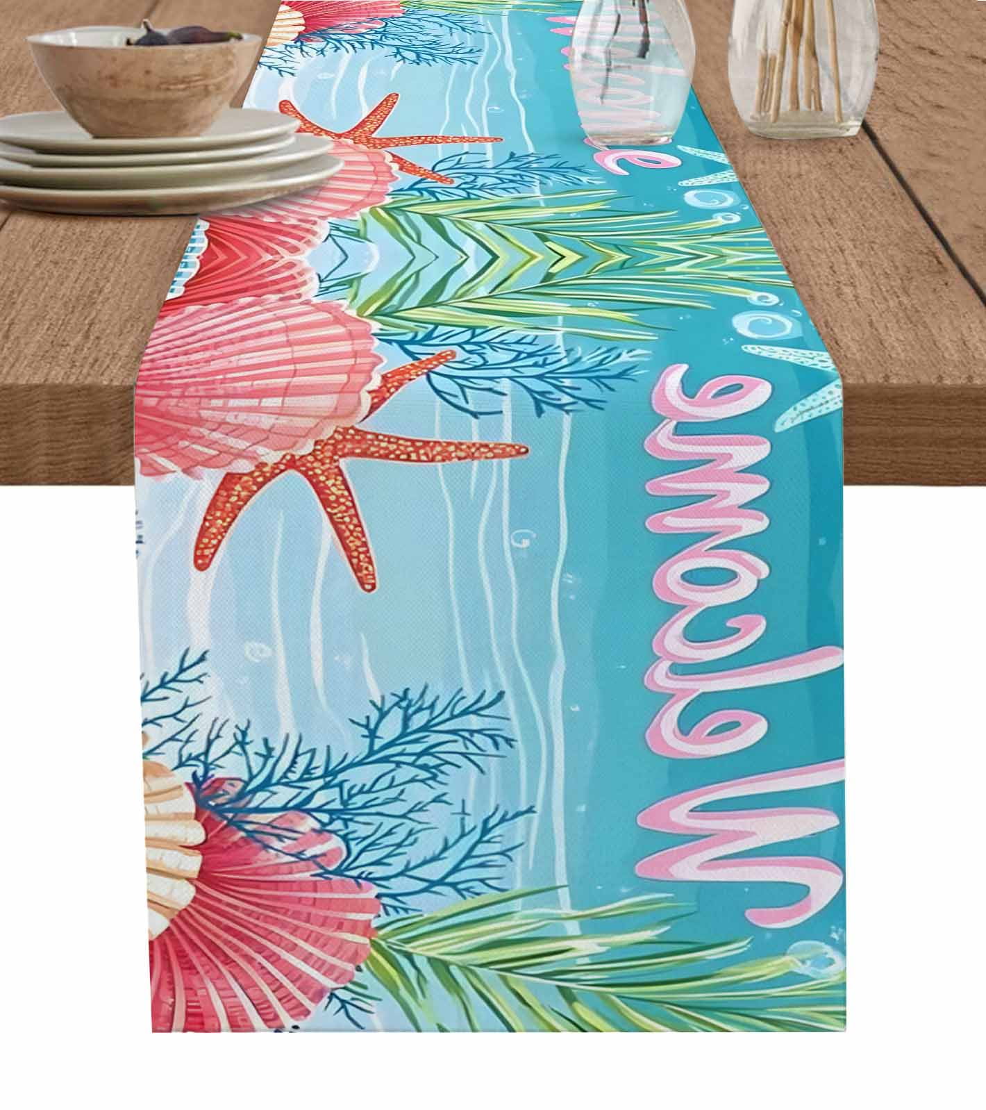 Blue Beige Coastal Beach Table Runner 72 Inches, Summer Ocean Coral ...