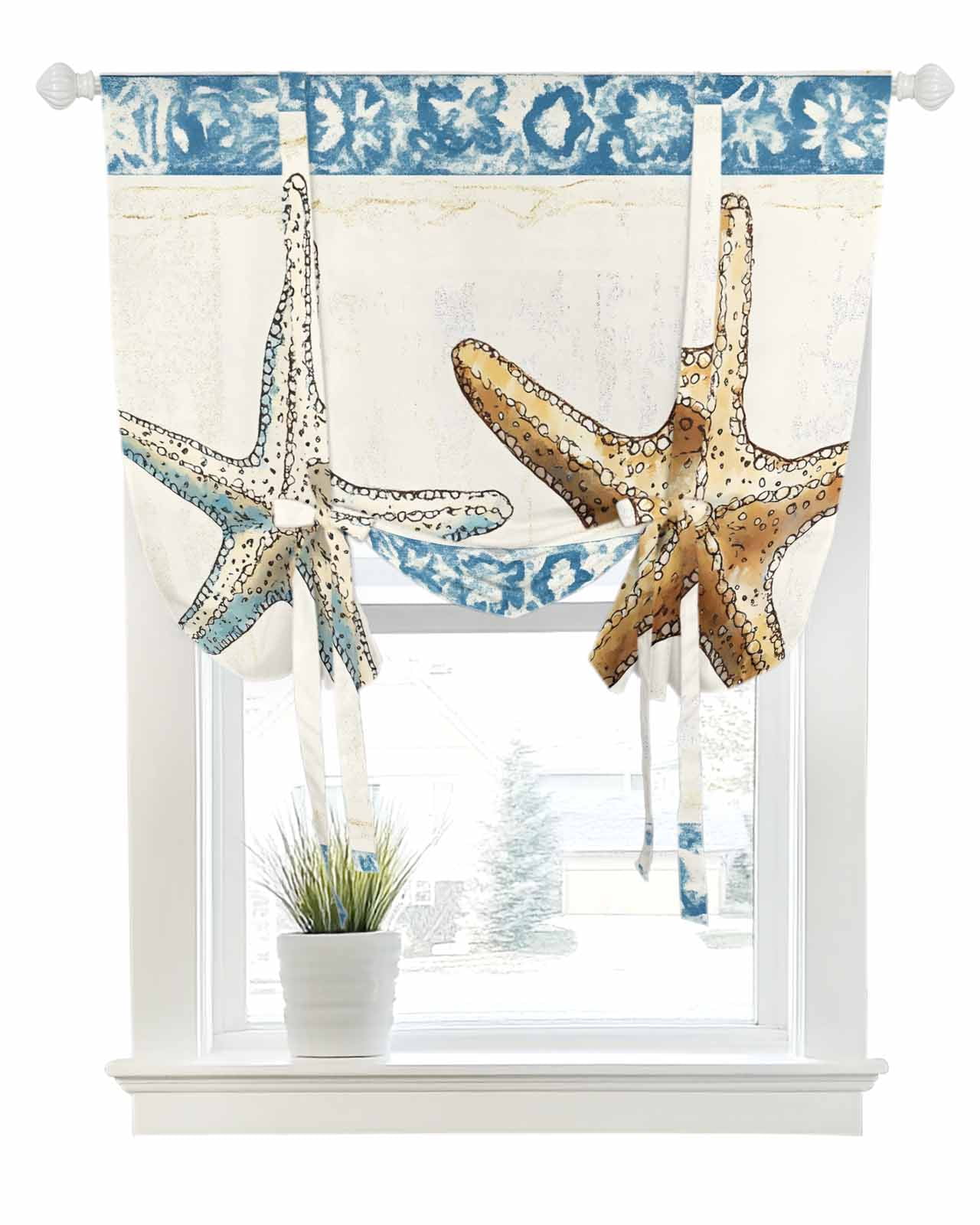 Blue Beige Coastal Beach Tie Up Curtains for Window, Thermal Insulated Balloon Shade Adjustable ...