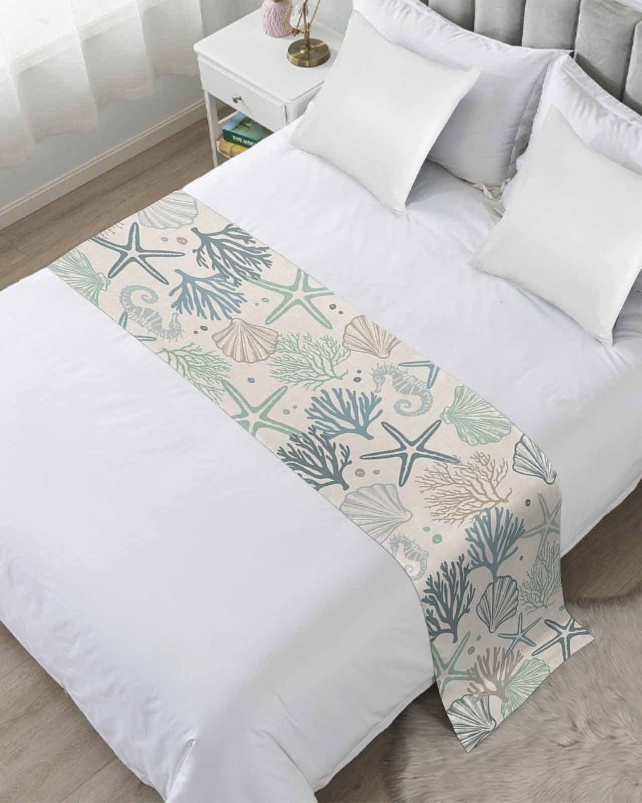 Blue Beige Coastal Bed Runners for King Size Bed, Summer Beach ...