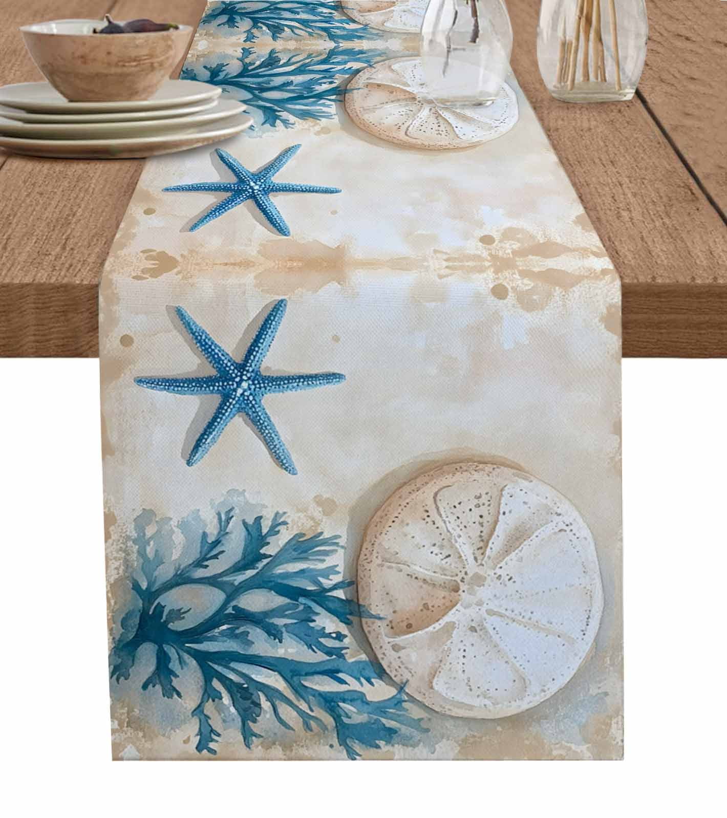 Blue Beige Coastal Burlap Cotton Table Runner 13x48 Inches Long, Summer ...