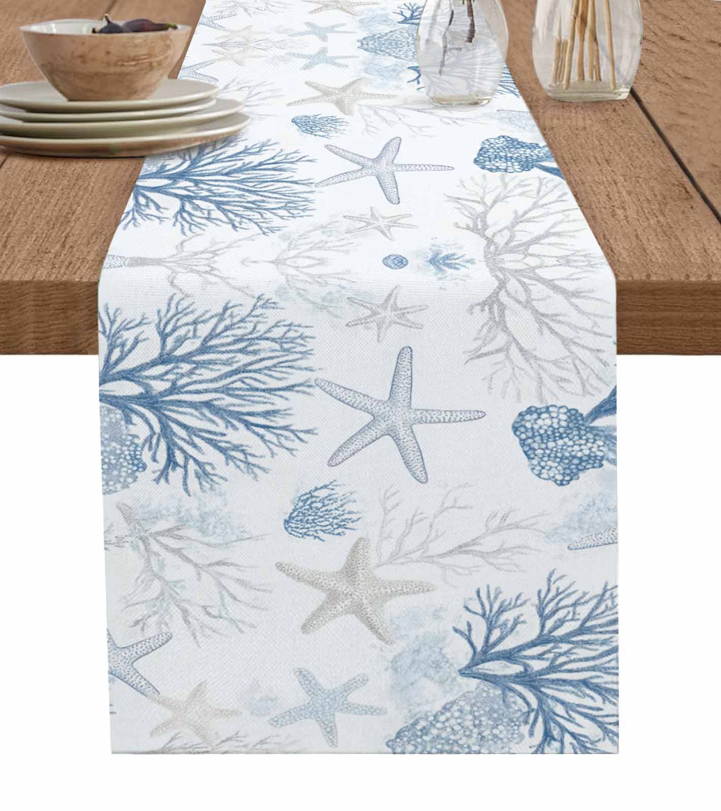 Blue Beige Coastal Burlap Cotton Table Runner 13x70 Inches Long, Summer ...