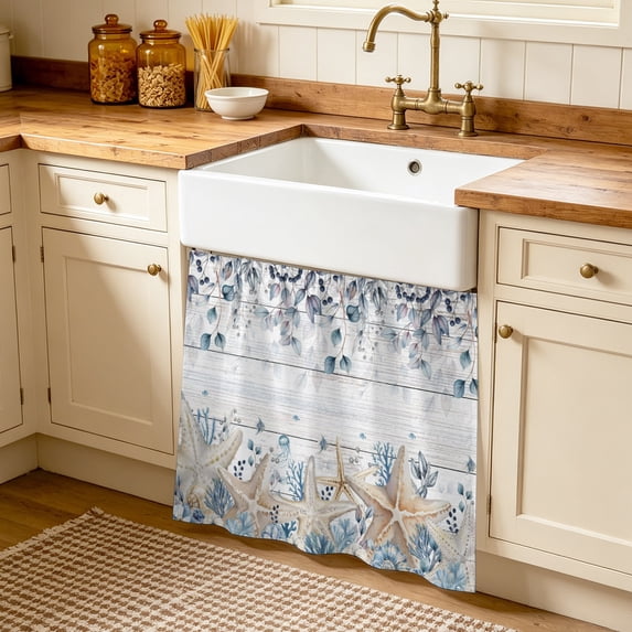 Blue Beige Coastal Cabinet Curtains 35"W x 35"L, Beach Starfish Summer ...