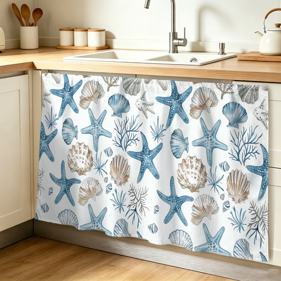 Blue Beige Coastal Cabinet Curtains for Shelves, Summer Beach Nautical ...