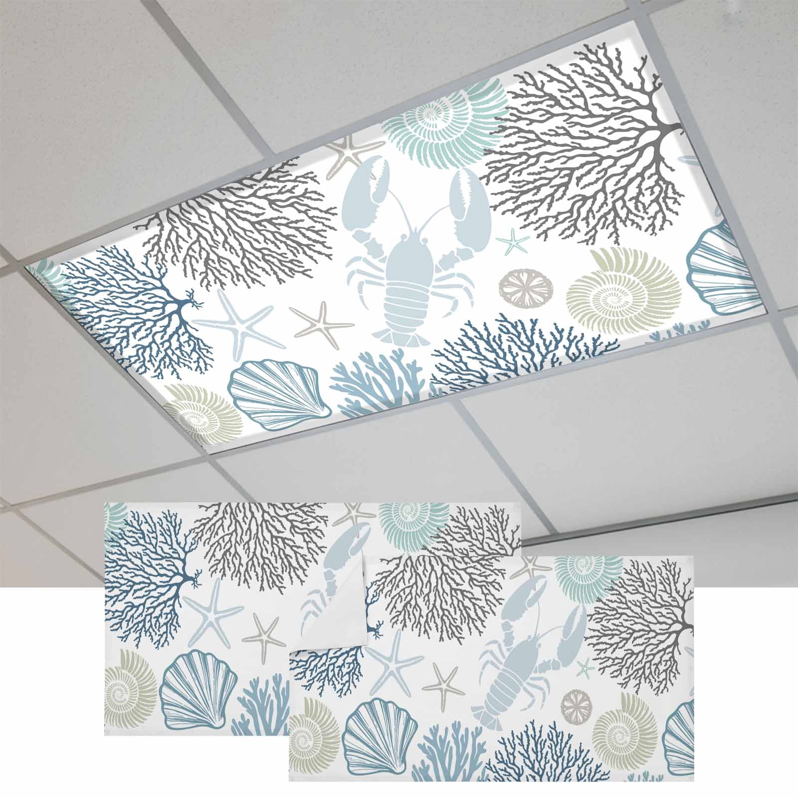 Blue Beige Coastal Magnetic Fluorescent Light Covers for Ceiling Lights ...