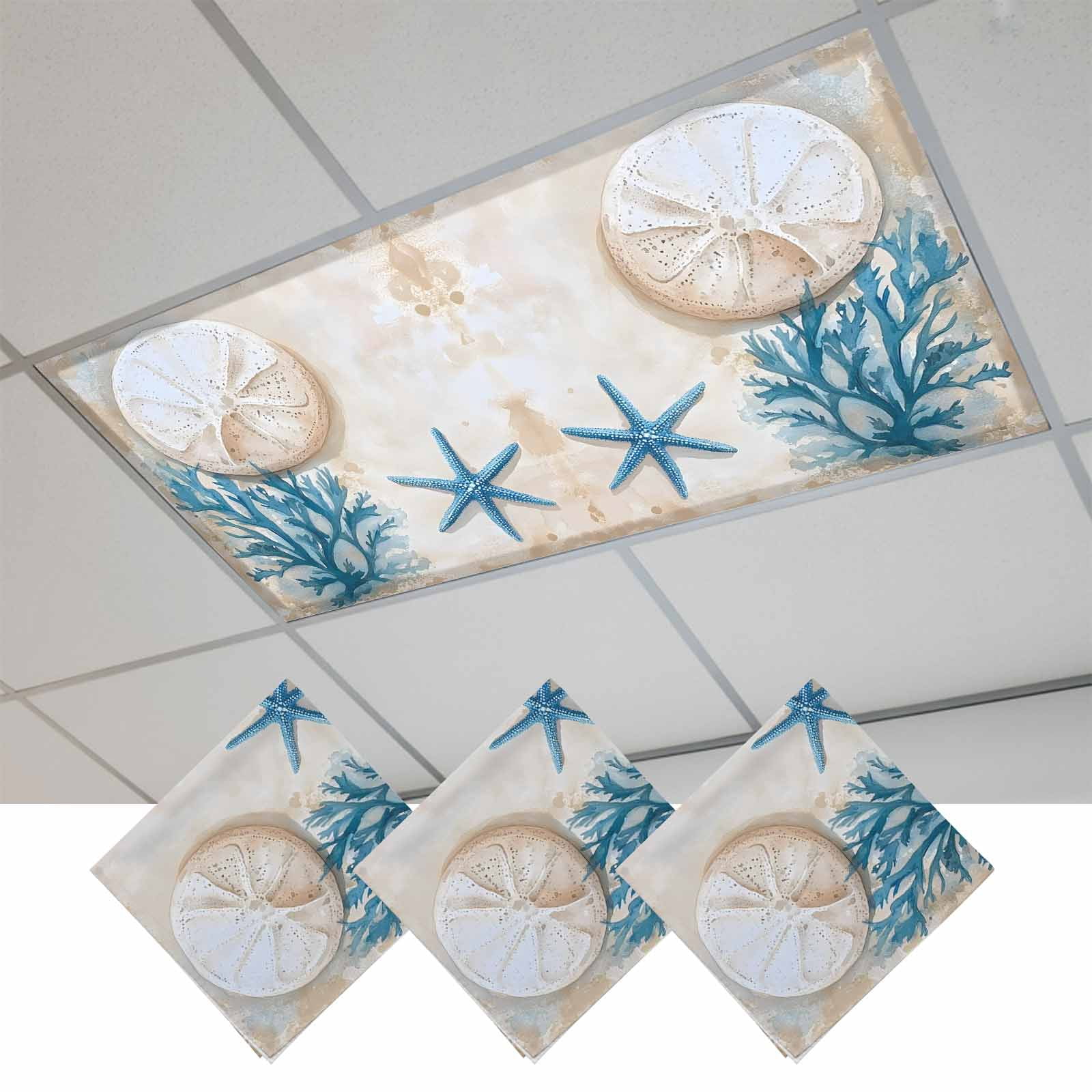 Blue Beige Coastal Magnetic Fluorescent Light Covers for Ceiling Lights ...