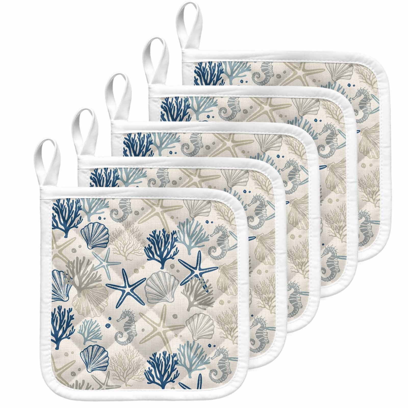 Blue Beige Coastal Pot Holders for Kitchen Heatproof Potholder, 5 Pack ...