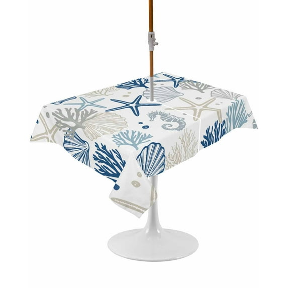 Blue Beige Coastal Rectangle Outdoor Tablecloth, Waterproof Table Cloth ...