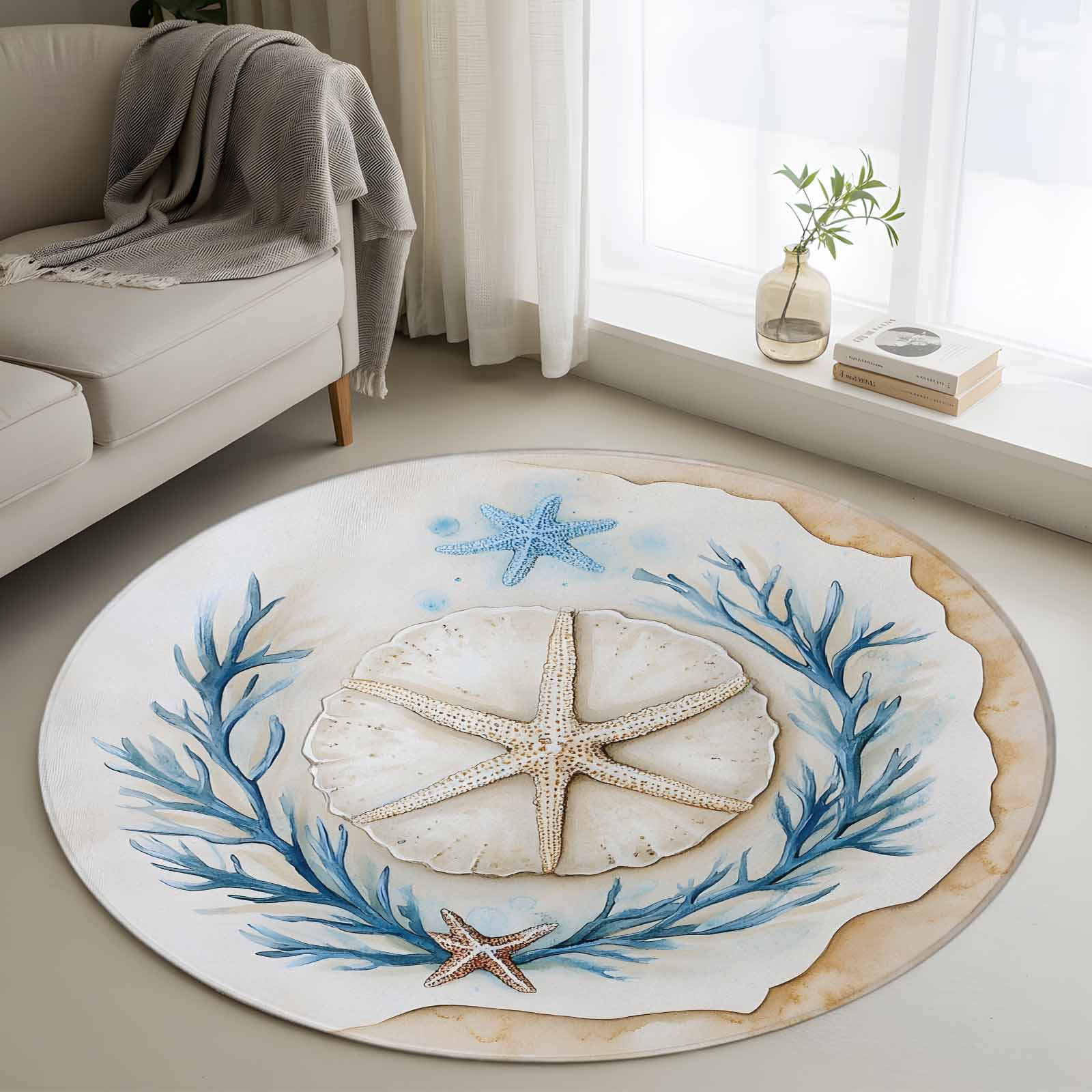 Blue Beige Coastal Round Rug 3ft Washable Circle Entryway Rugs Non Slip ...