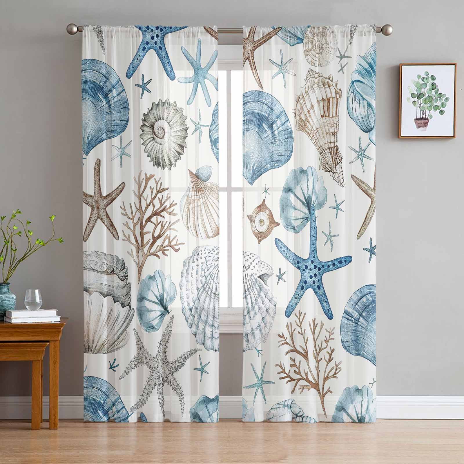 Blue Beige Coastal Semi Sheer Curtains 84 Inch Length 2 Panels Set ...
