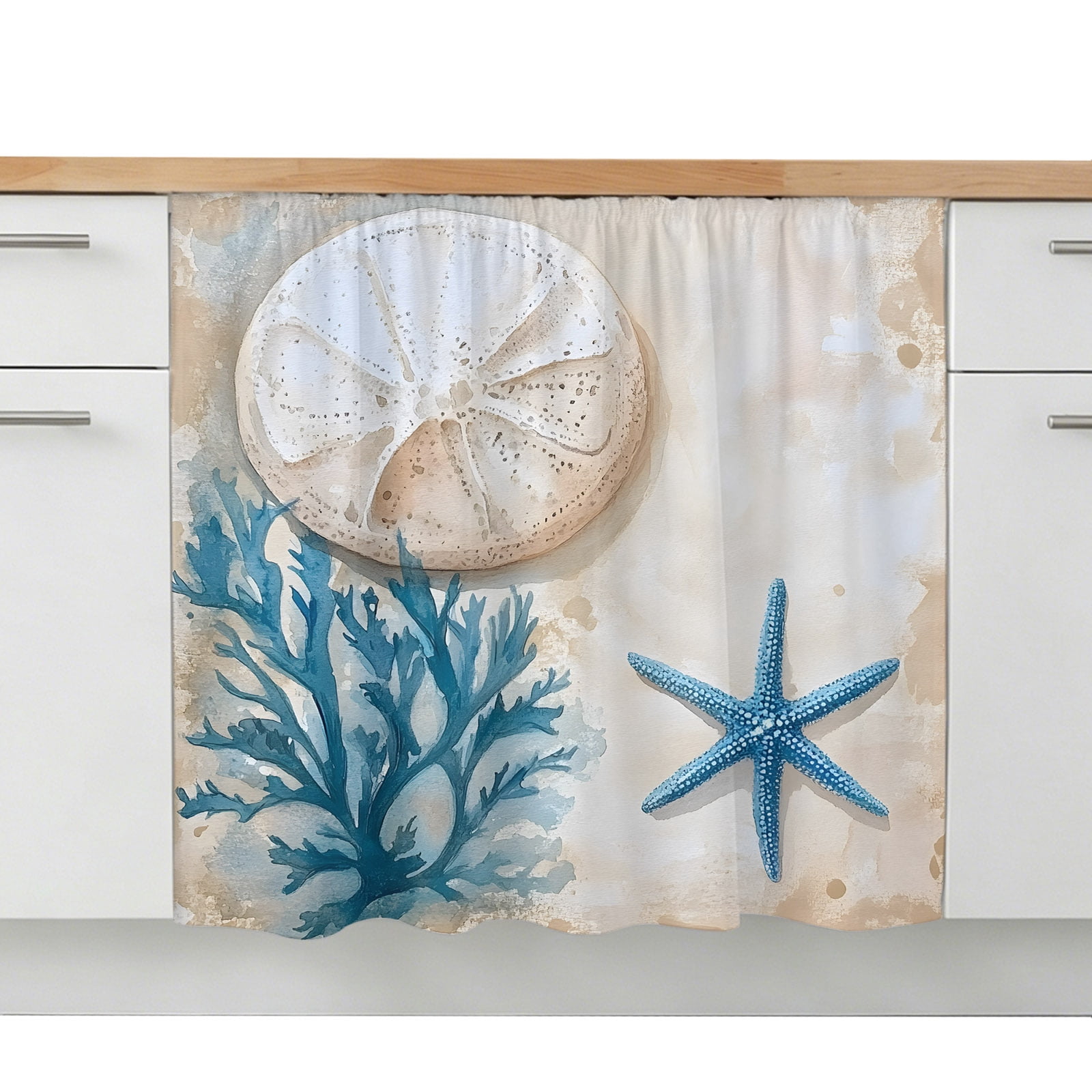 Blue Beige Coastal Sink Skirt 10"W x 11"L,Dustproof Under Sink Curtain ...