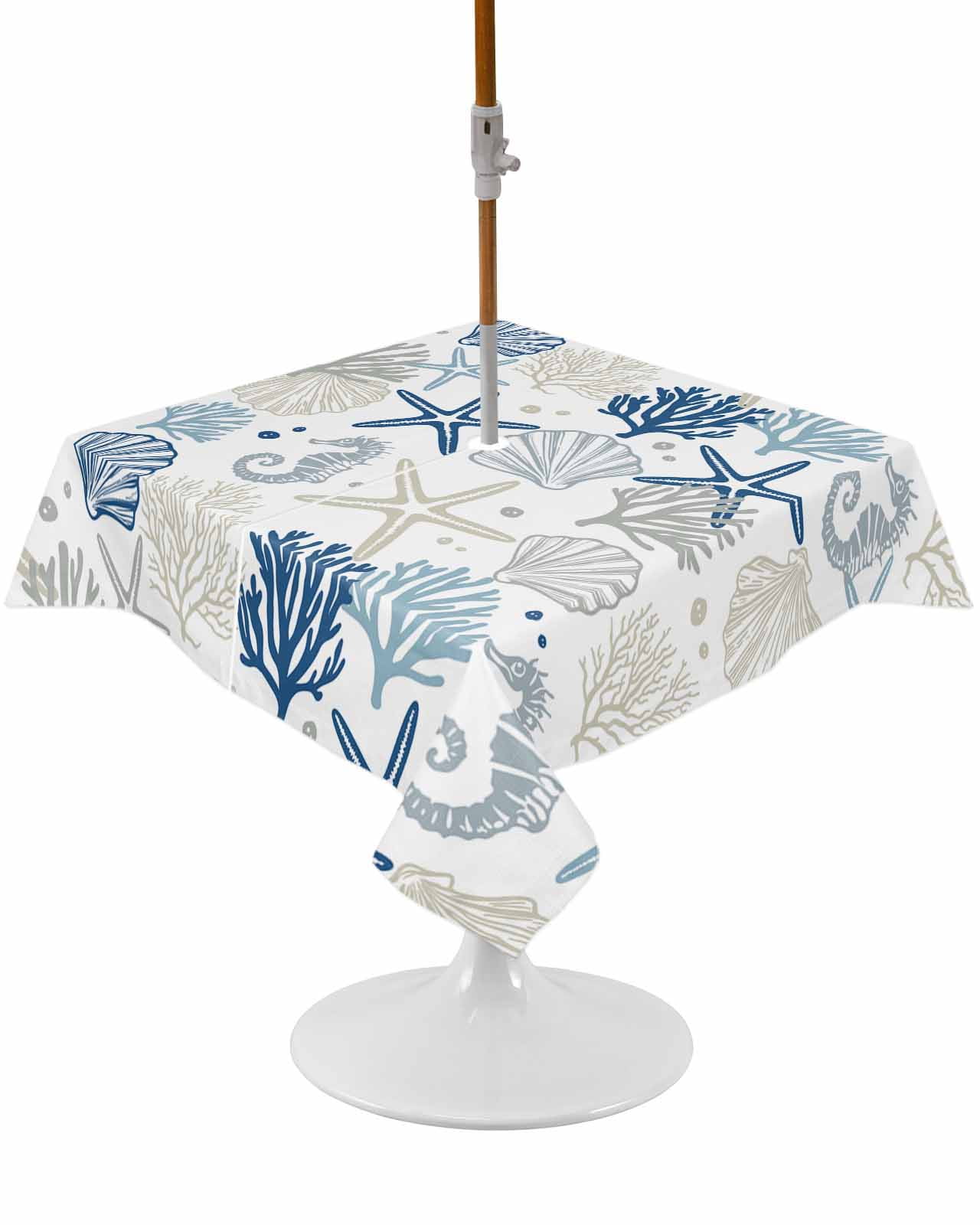 Blue Beige Coastal Square Outdoor Tablecloth, Waterproof Table Cloth ...