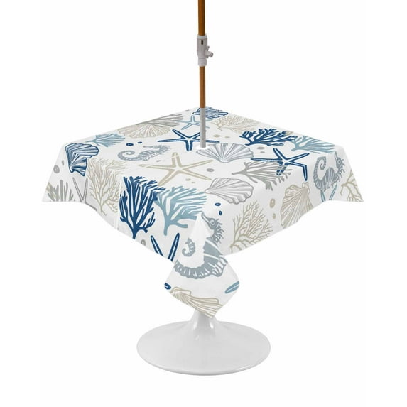 Blue Beige Coastal Square Outdoor Tablecloth, Waterproof Table Cloth ...