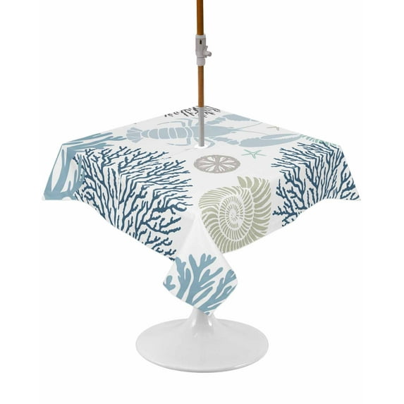 Blue Beige Coastal Square Outdoor Tablecloth, Waterproof Table Cloth ...