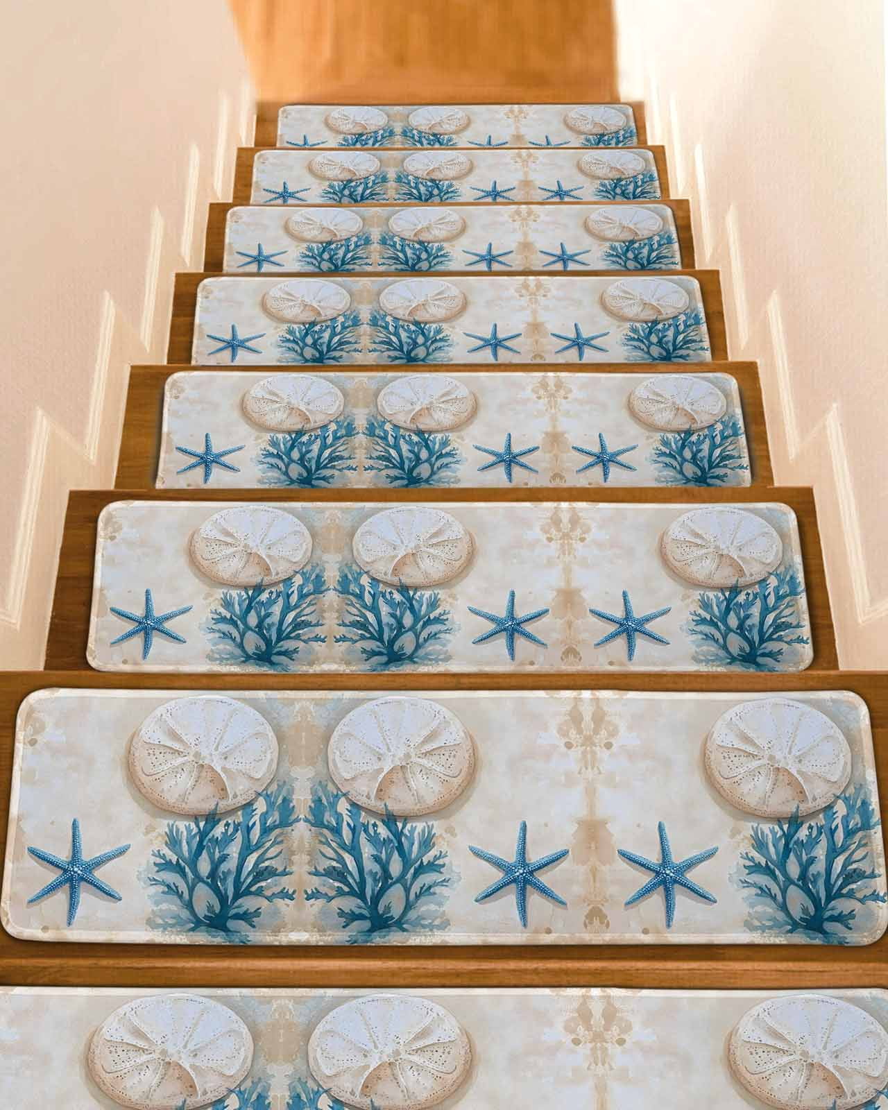 Blue Beige Coastal Stair Treads for Wooden Steps Indoor Runner Rug ...