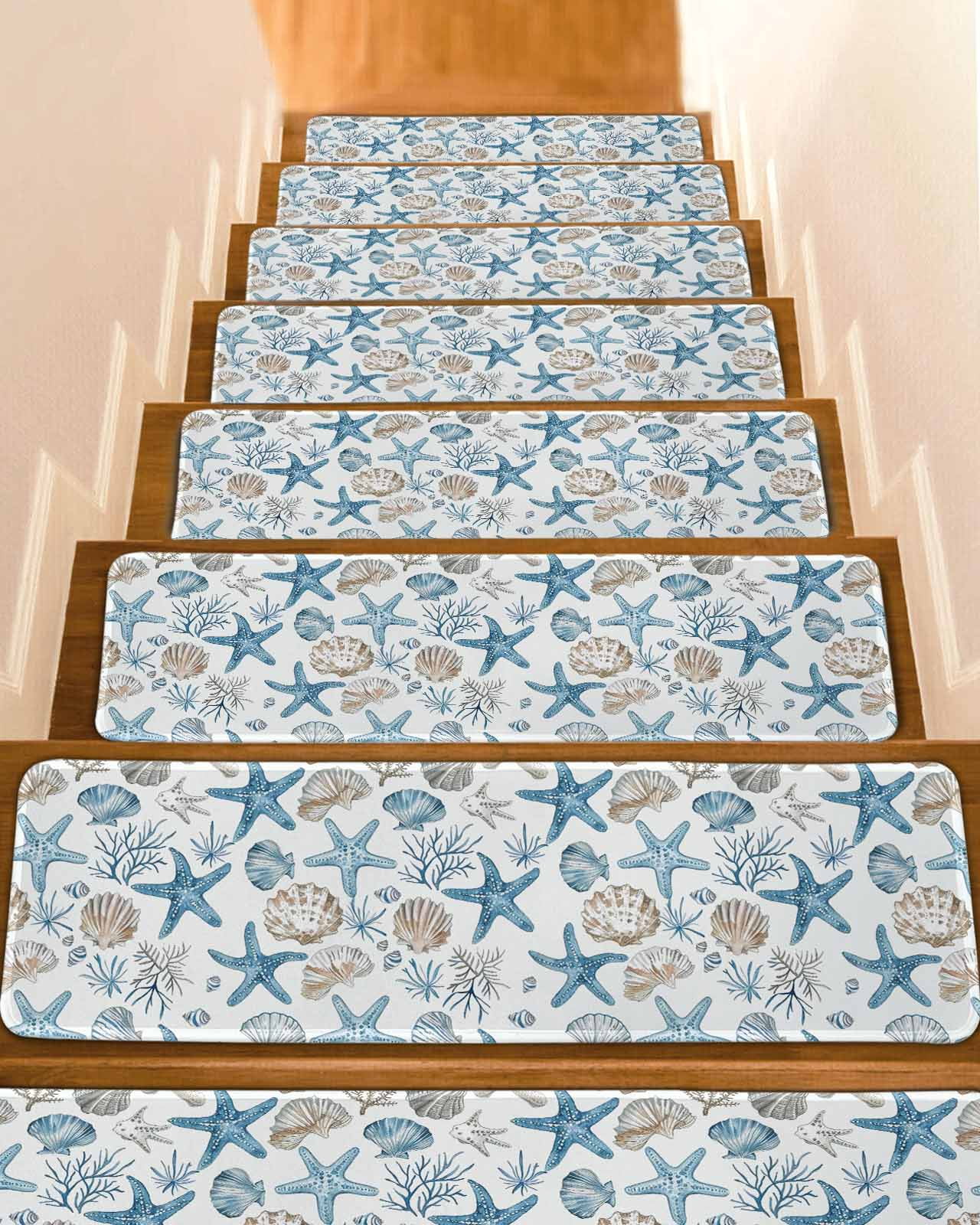Blue Beige Coastal Stair Treads for Wooden Steps Indoor Runner Rug ...