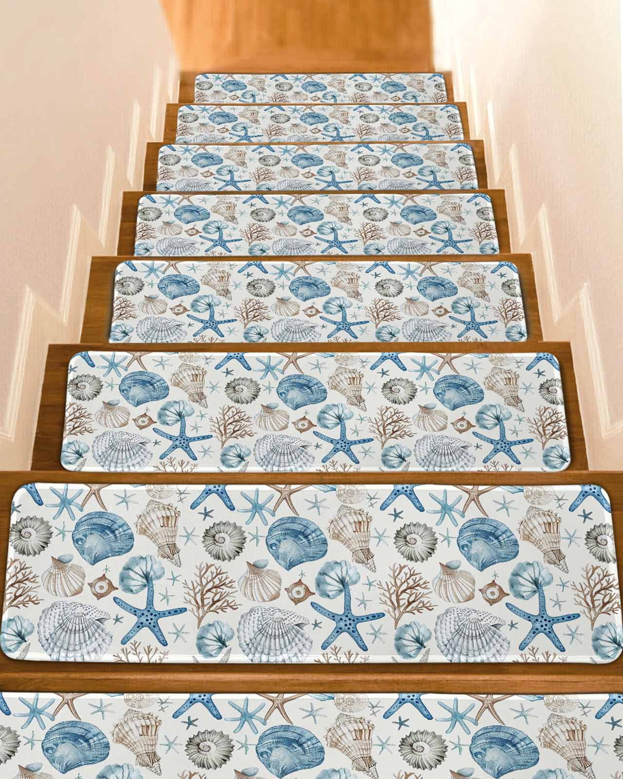 Blue Beige Coastal Stair Treads for Wooden Steps Indoor Runner Rug ...