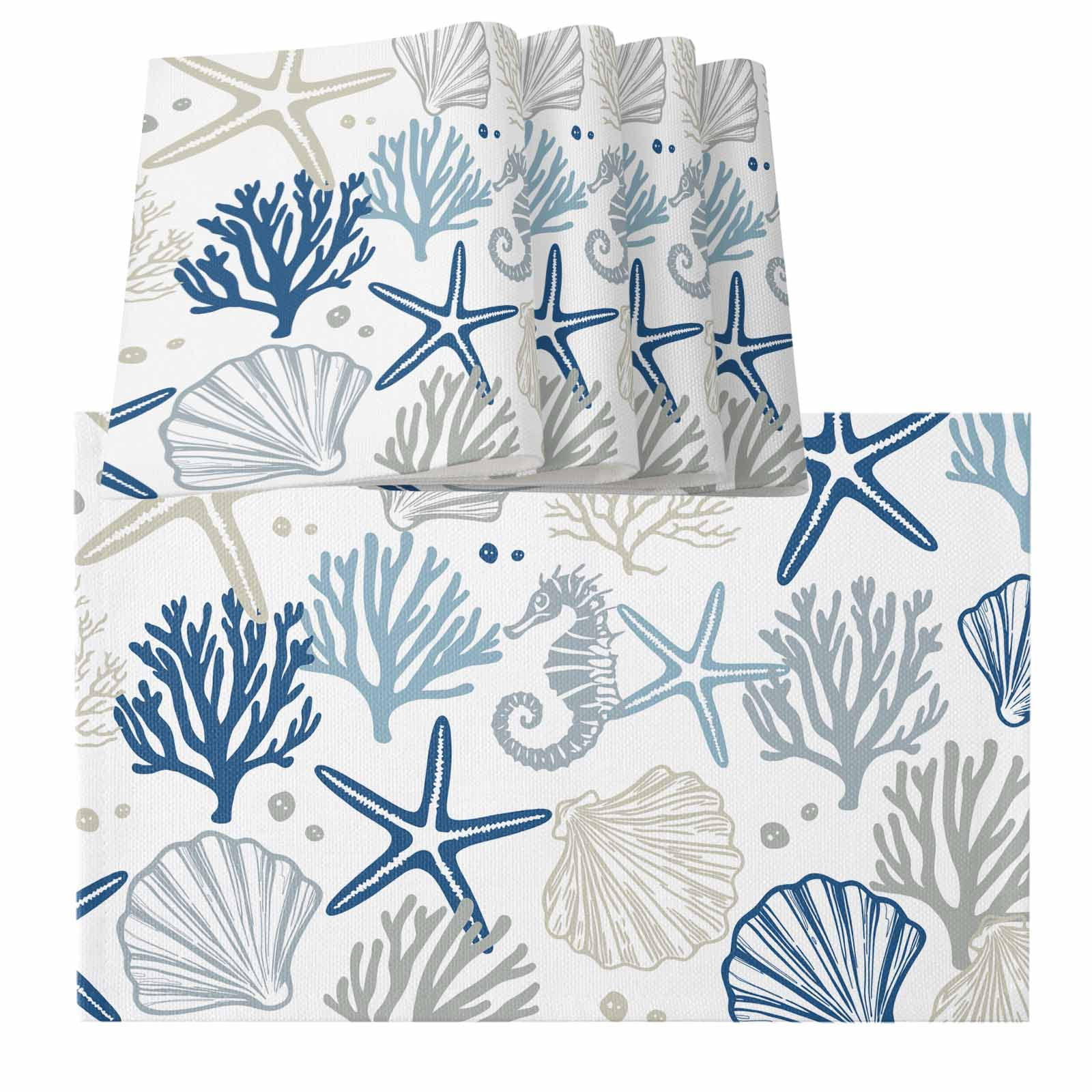 Blue Beige Coastal Summer Beach Starfish Coral Nautical Burlap Kitchen ...