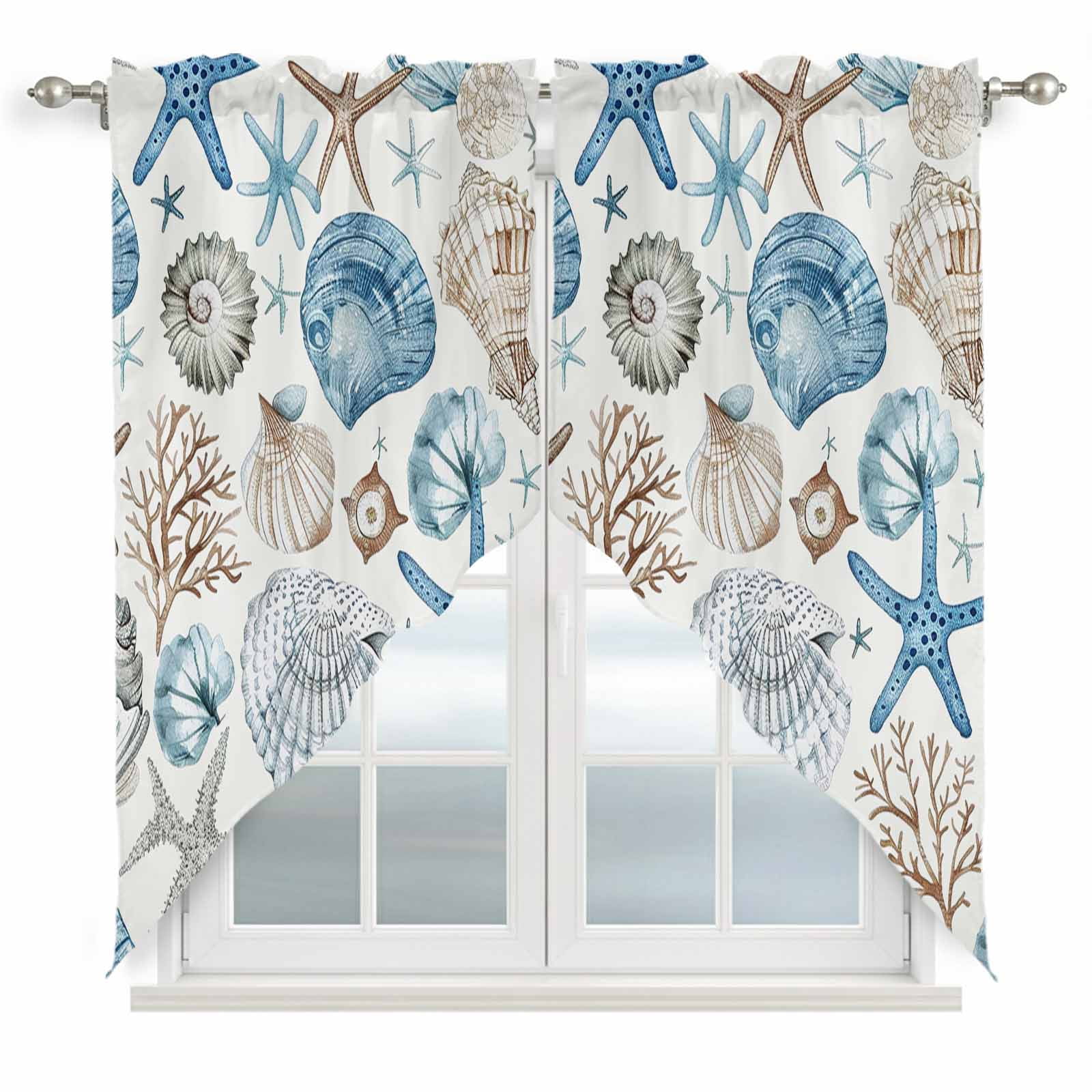 Blue Beige Coastal Swag Curtain Valances, Summer Beach Starfish Shell ...