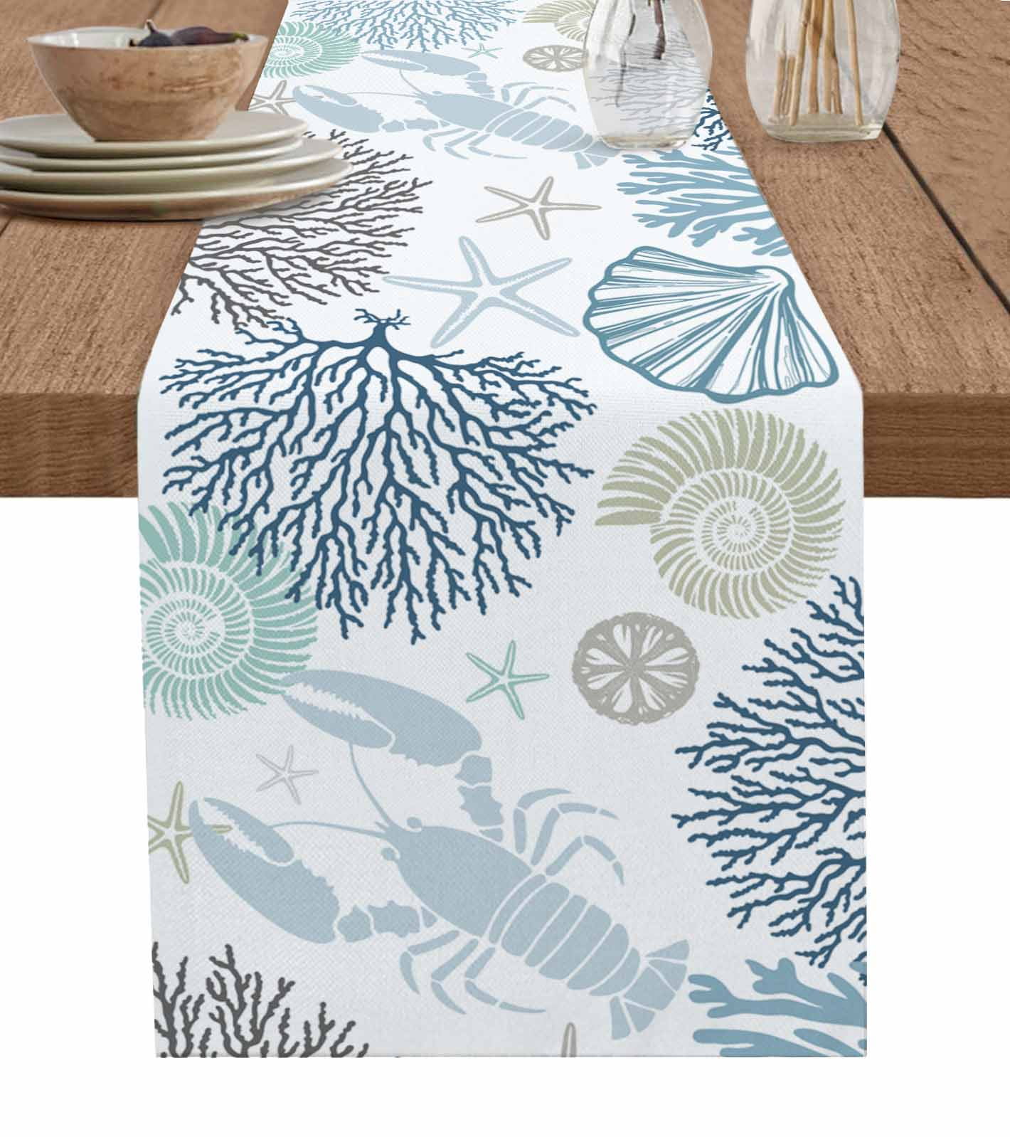 Blue Beige Coastal Table Runner 72 Inches, Summer Lobster Coral ...