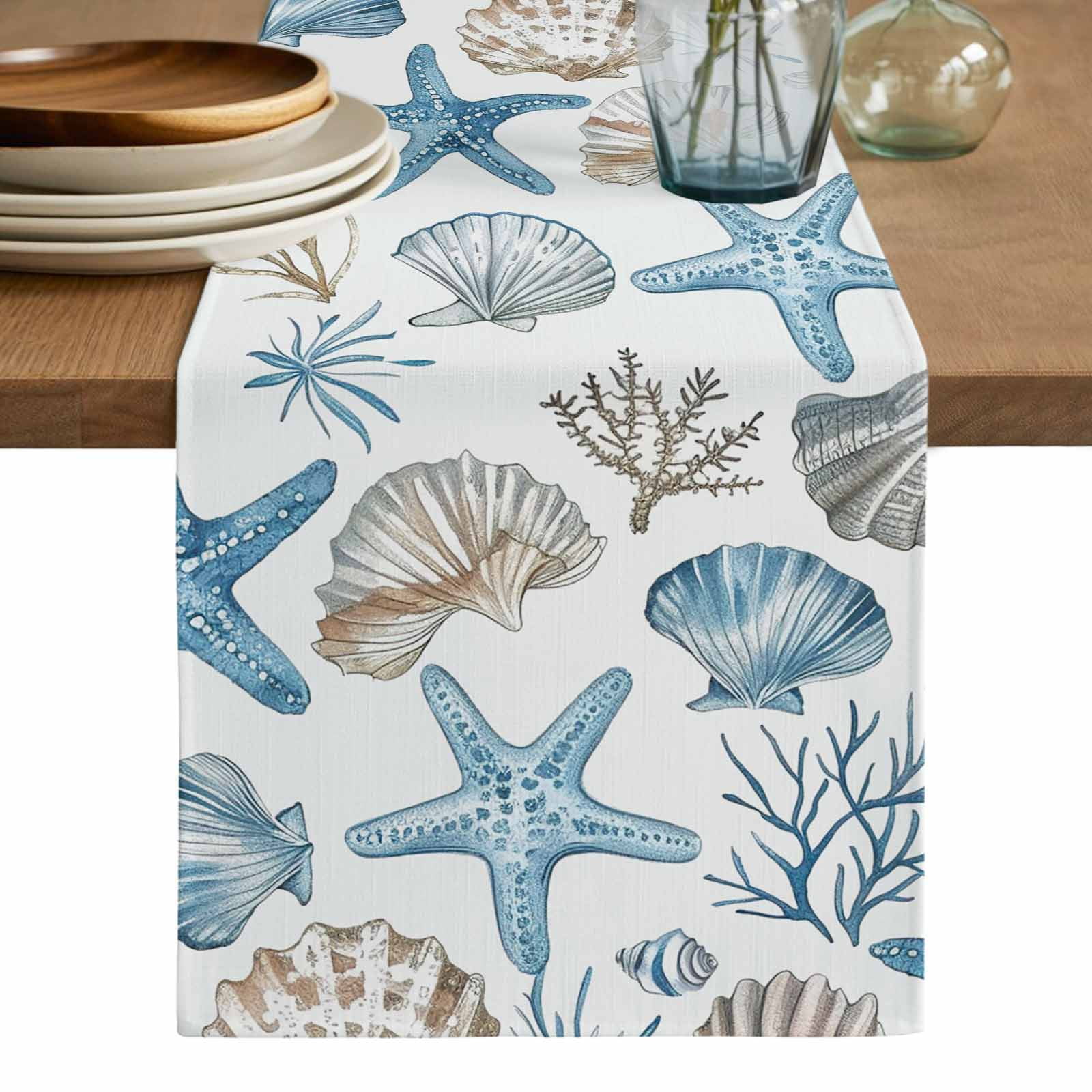 Blue Beige Coastal Table Runner, Summer Beach Nautical Starfish Shell ...
