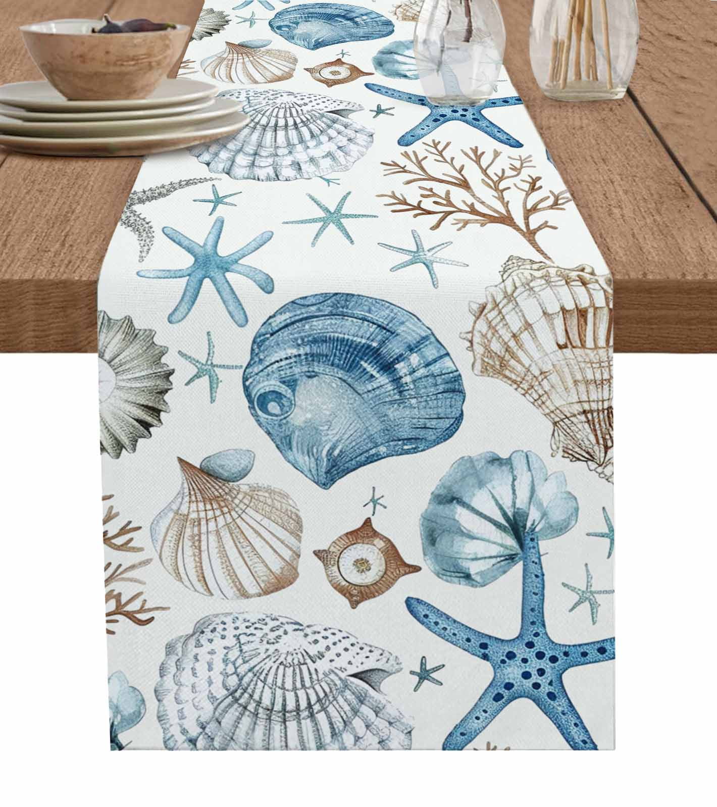 Blue Beige Coastal Table Runner Summer Beach Starfish Shell Nautical ...