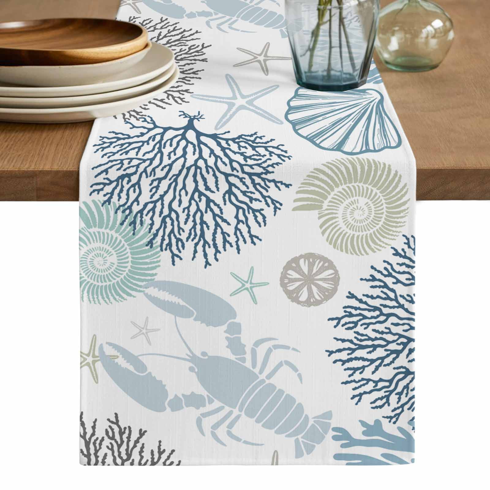 Blue Beige Coastal Table Runner, Summer Lobster Coral Nautical Washable ...