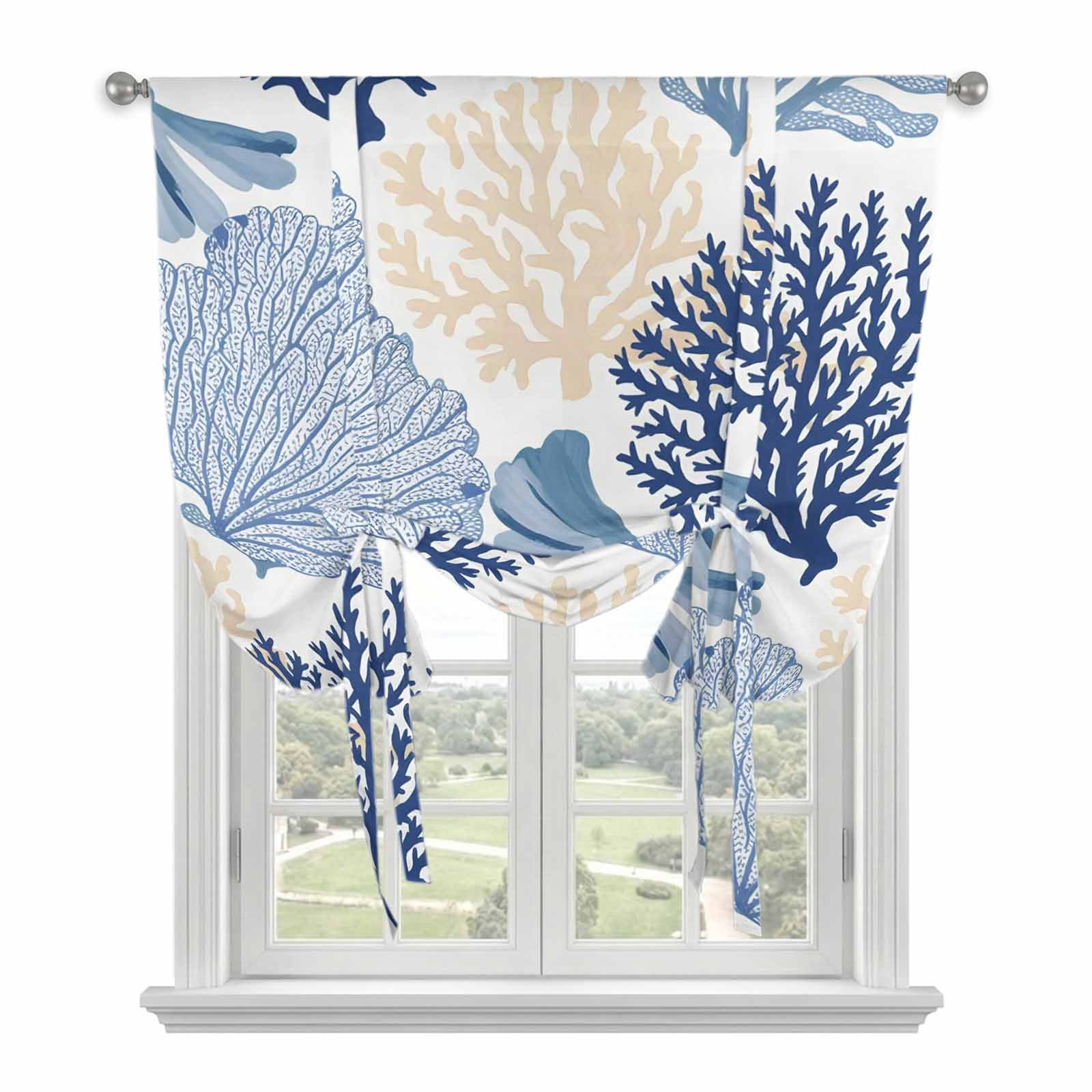 Blue Beige Coastal Tie Up Curtains for Window, Thermal Insulated ...