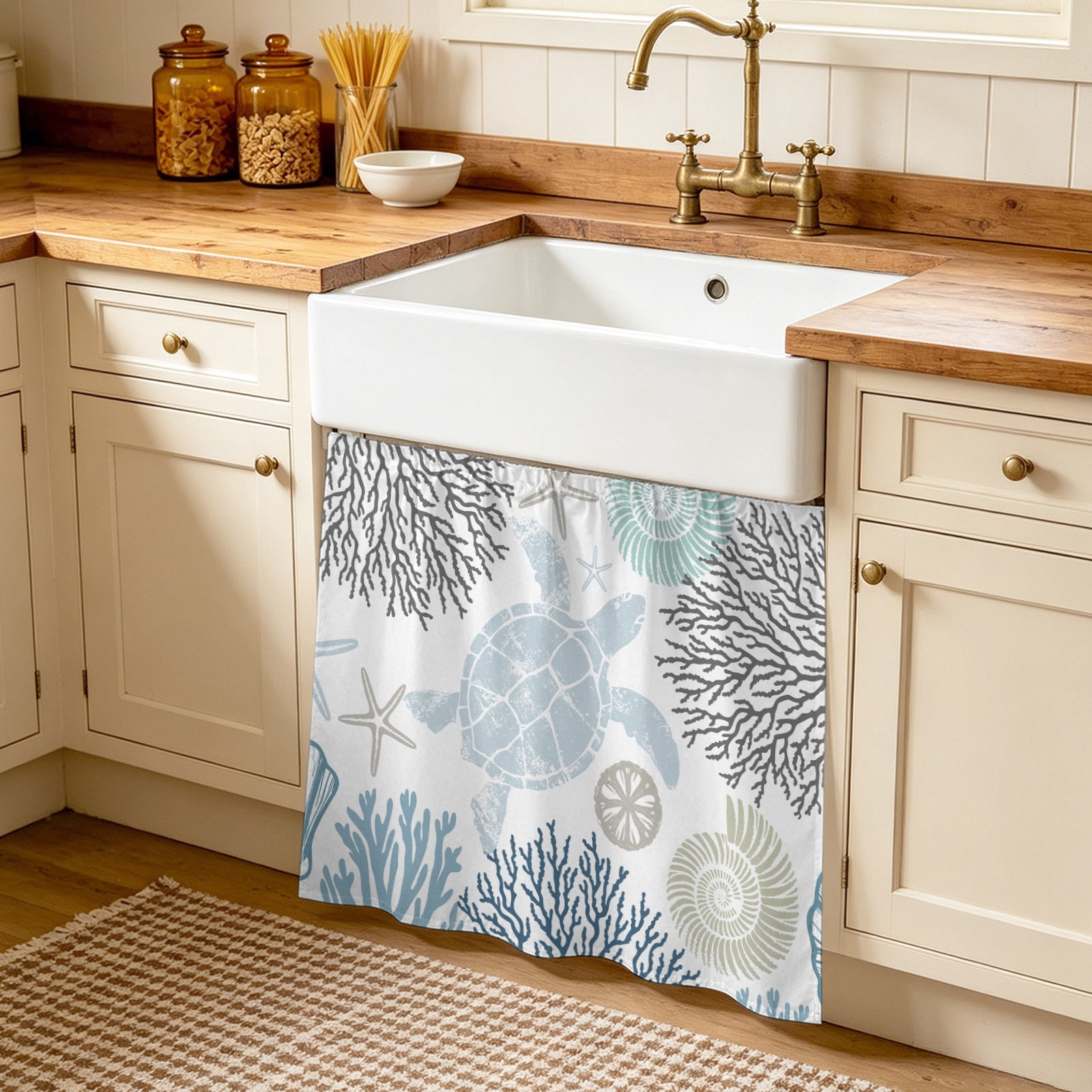 Blue Beige Coastal Turtle Cabinet Curtains 35"W x 35"L, Ocean Coral ...
