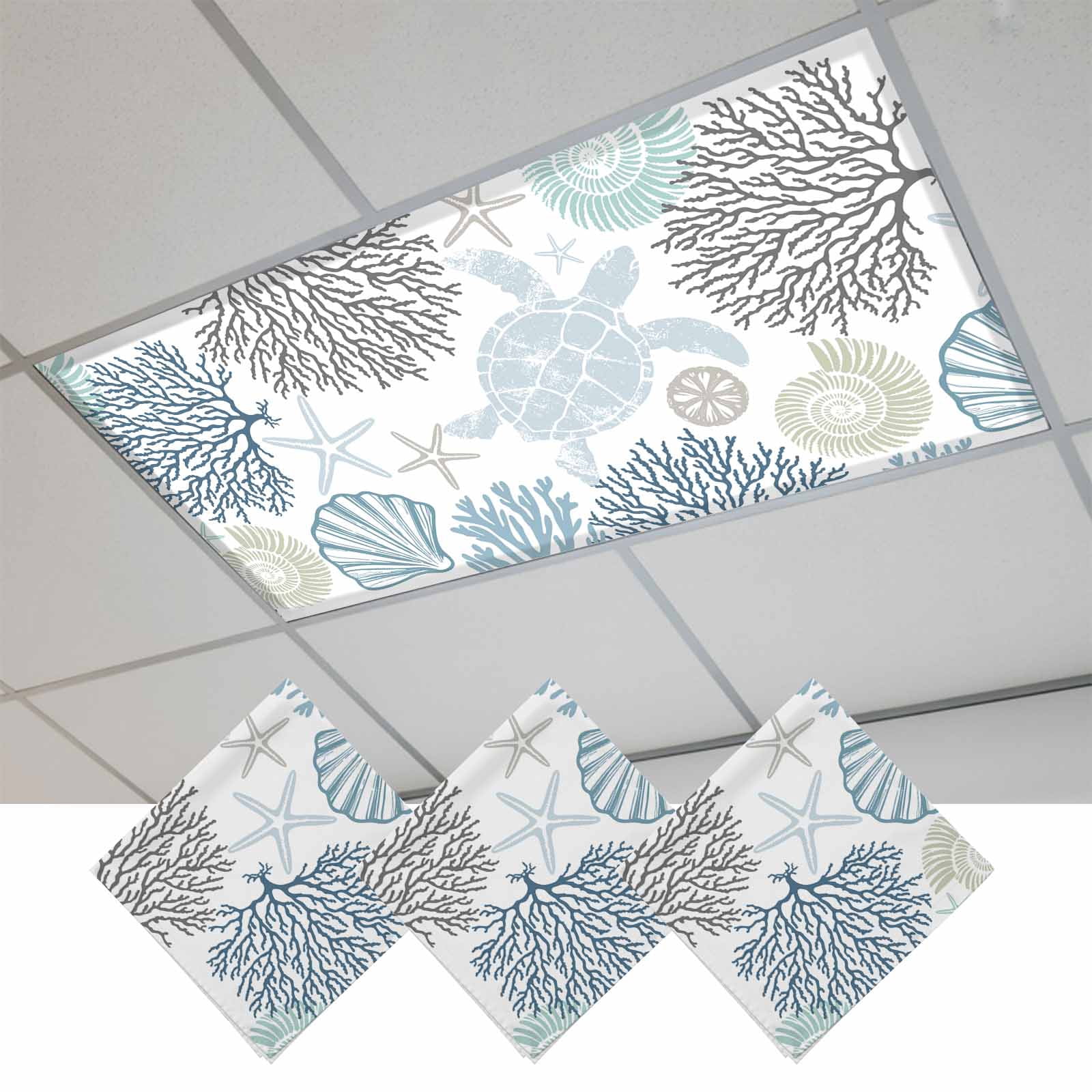 Blue Beige Coastal Turtle Magnetic Fluorescent Light Covers for Ceiling ...