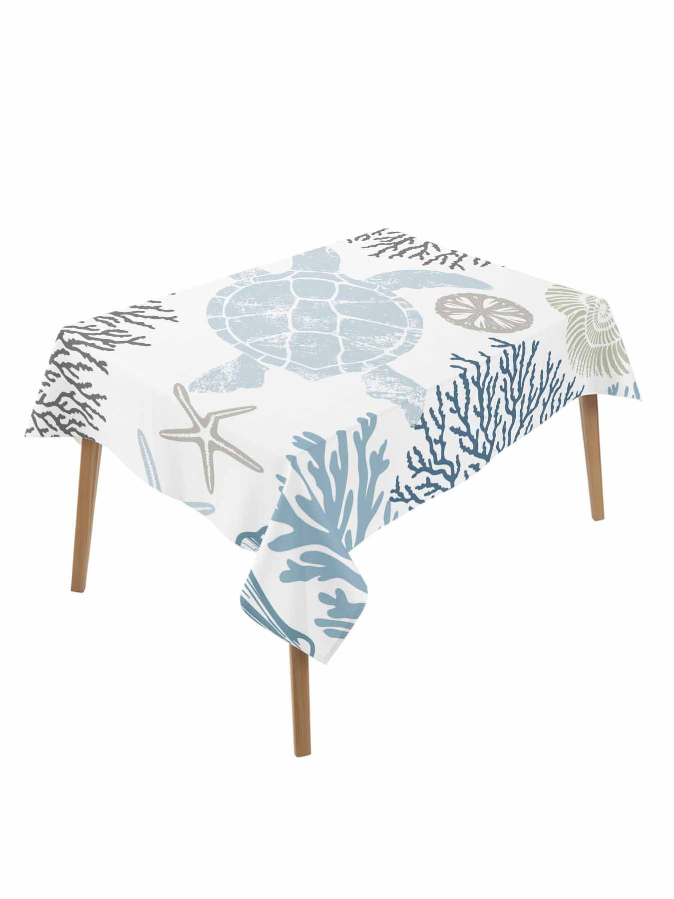 Blue Beige Coastal Turtle Table Cloth, Ocean Coral Nautical Waterproof ...
