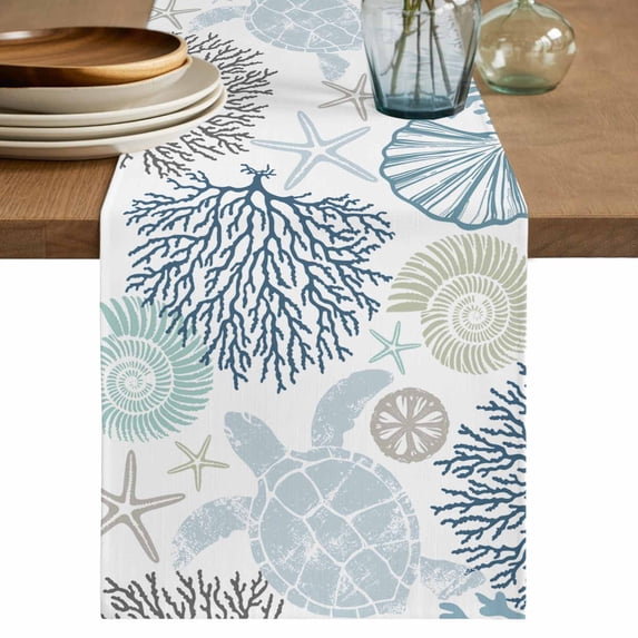 Blue Beige Coastal Turtle Table Runner 70 Inches Long, Ocean Coral ...