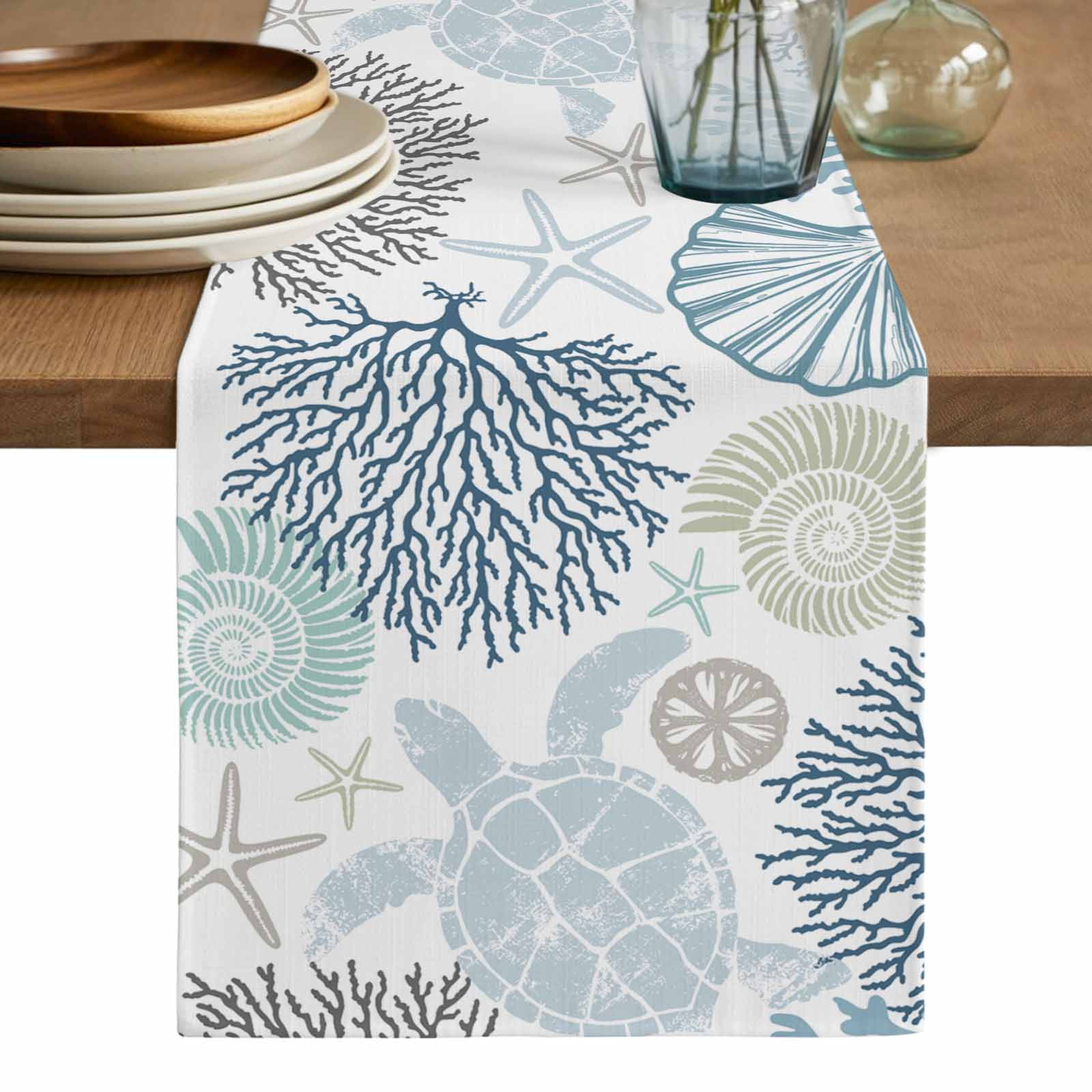 Blue Beige Coastal Turtle Table Runner, Ocean Coral Nautical Washable ...
