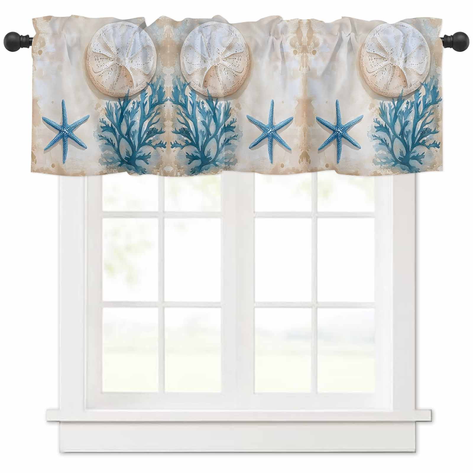Blue Beige Coastal Valances for Windows Farmhouse Kitchen Curtains ...