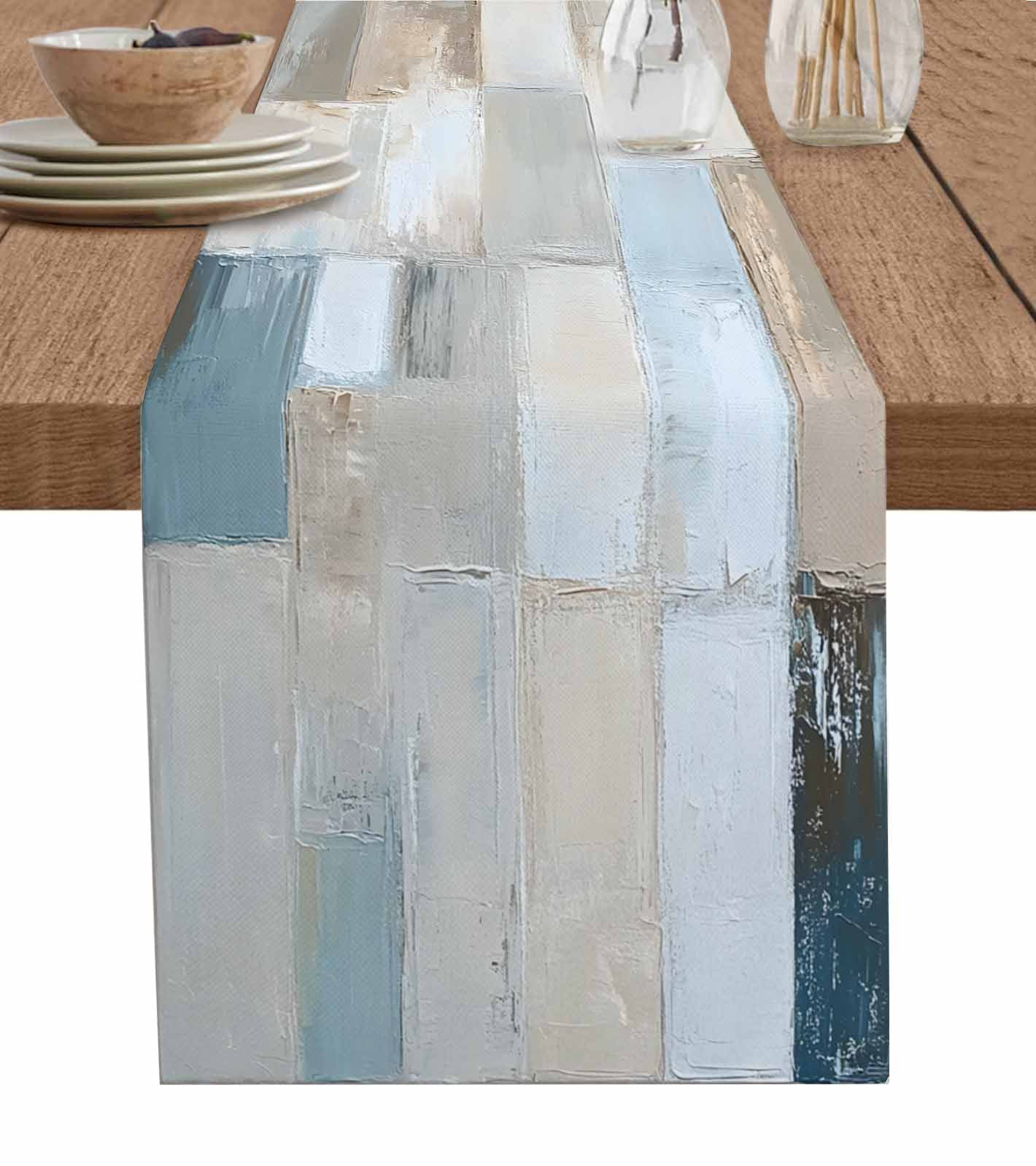 Blue Beige Color Blocks Burlap Cotton Table Runner 13x60 Inches Long ...