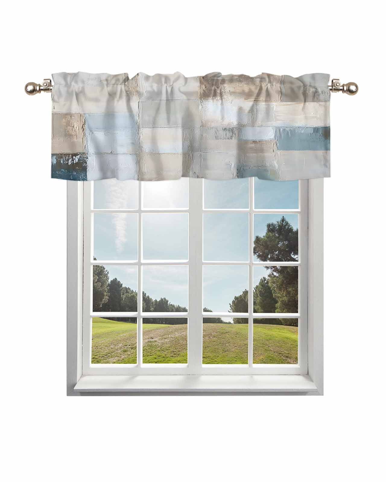 Blue Beige Color Blocks Curtain Valance for Windows/Living Room/Kitchen/Bathroom/Café, Short Rod ...