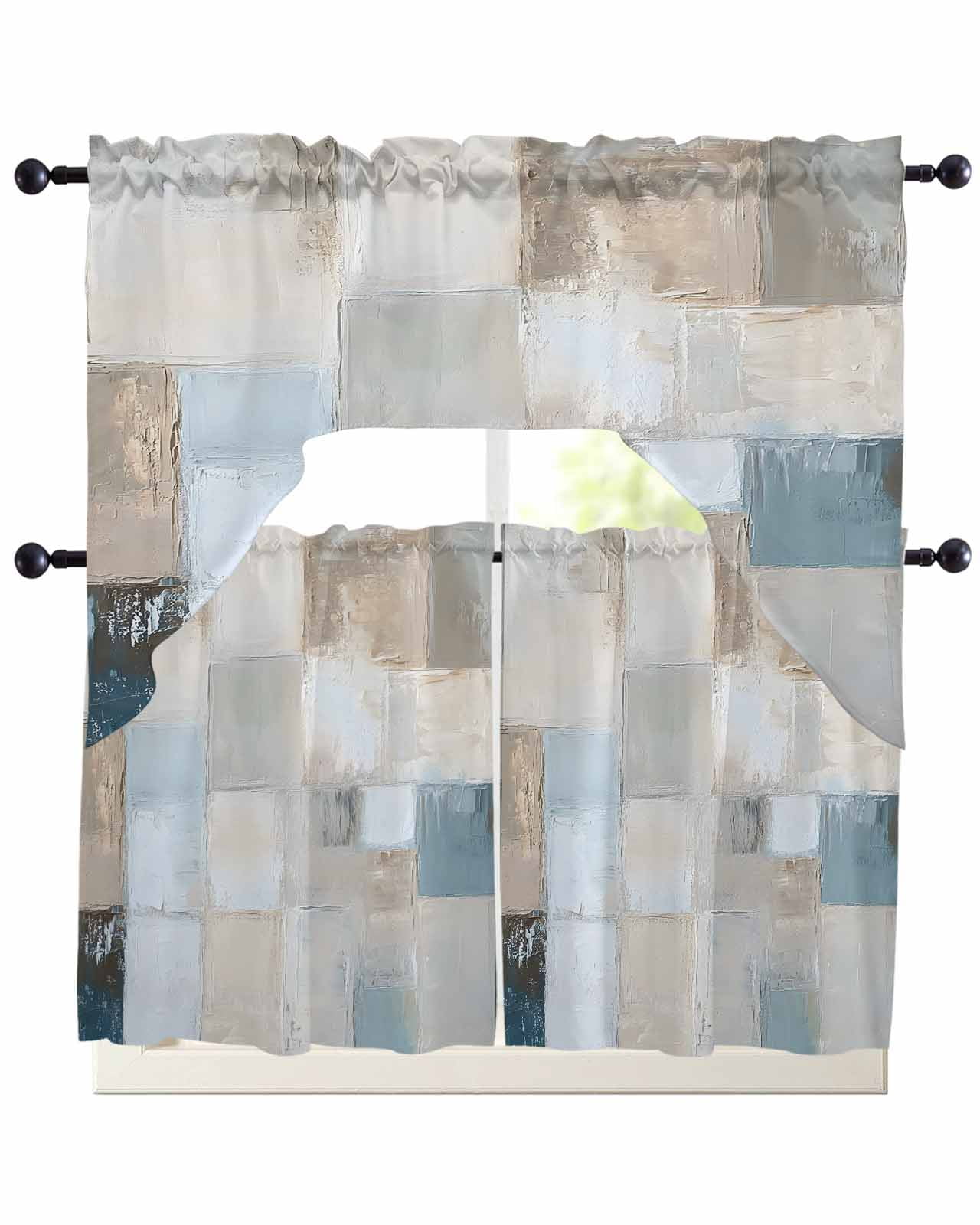 Blue Beige Color Blocks Kitchen Curtains Swag Valance and Tier Curtains ...