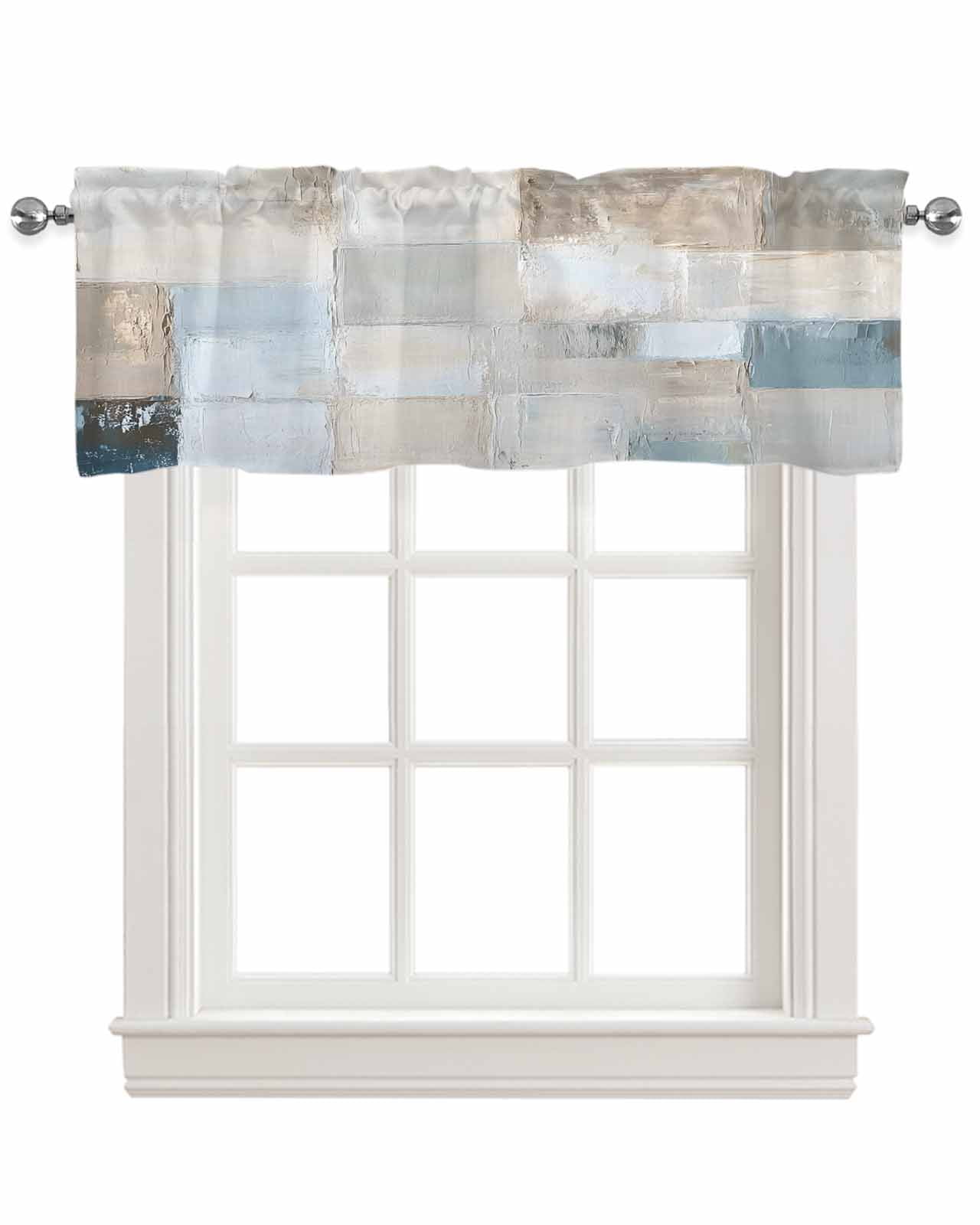 Blue Beige Color Blocks Kitchen Valances for Windows Farmhouse Linen ...