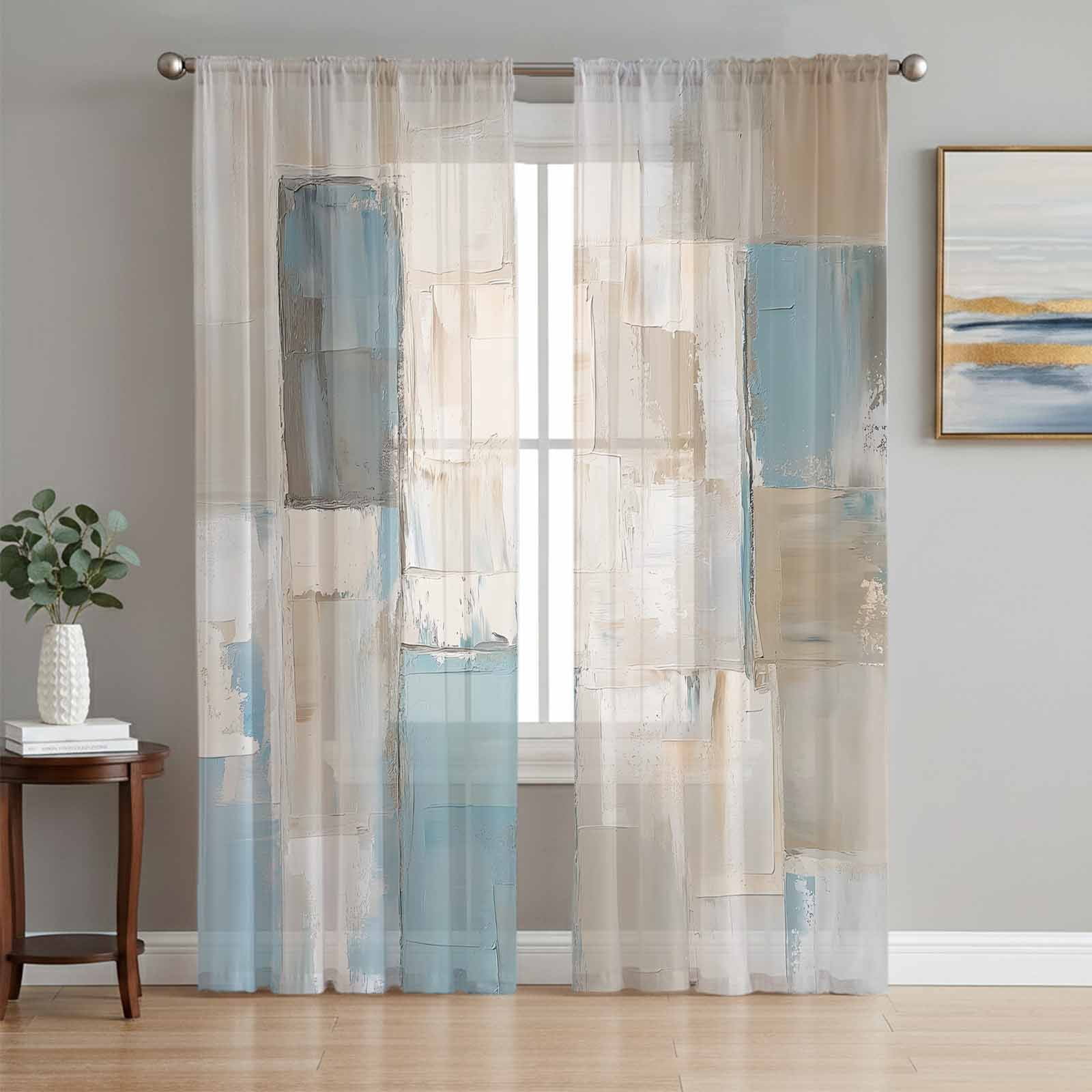 Blue Beige Color Blocks Sheer Curtains 63 Inch Length 2 Panels Set ...