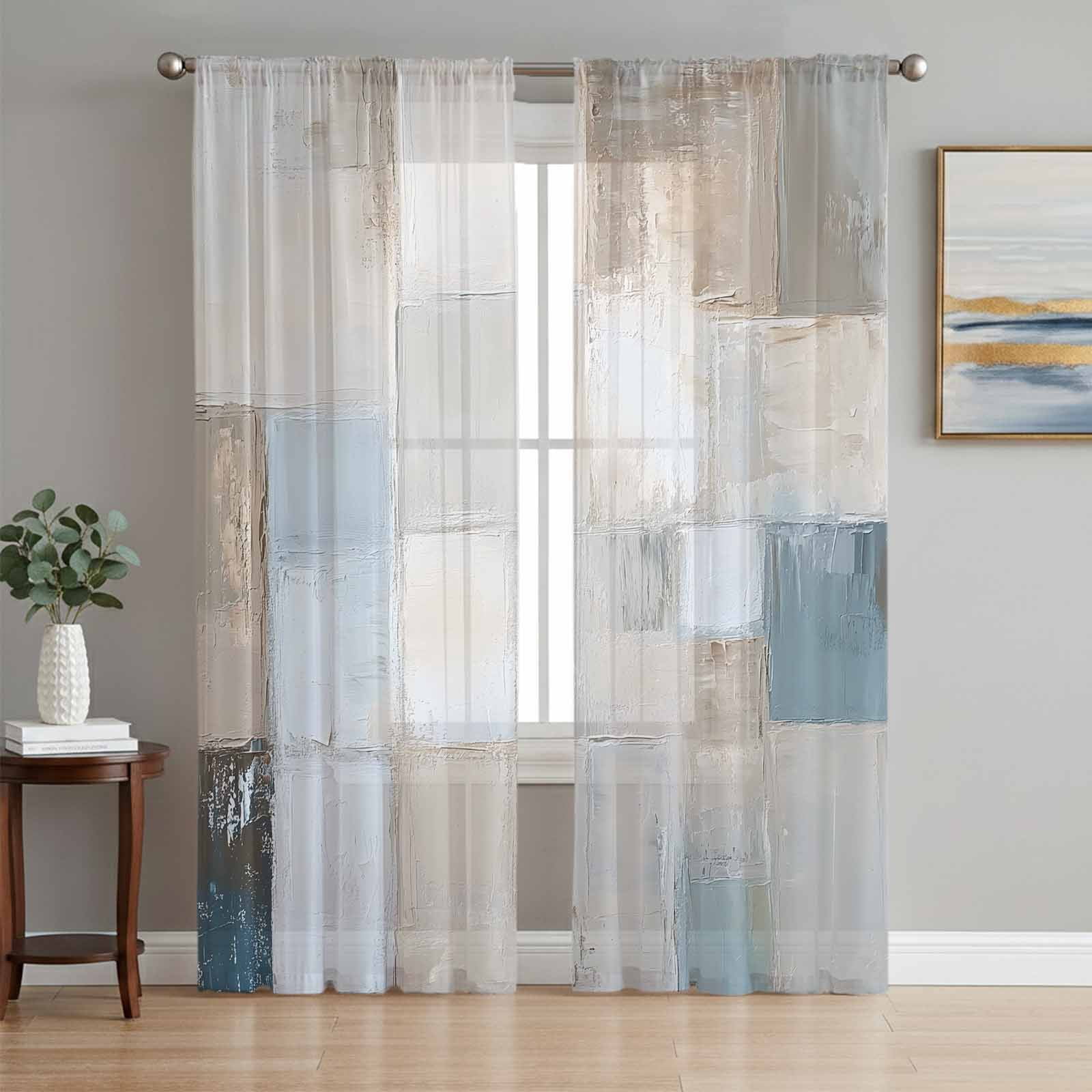 Blue Beige Color Blocks Sheer Curtains 84 Inch Length 2 Panels Set ...