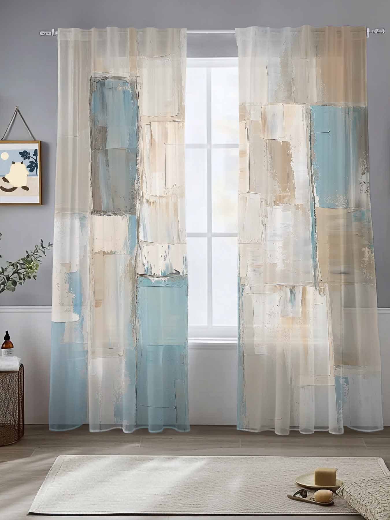 Blue Beige Color Blocks Sheer Curtains for Living Room Bedroom Abstract ...