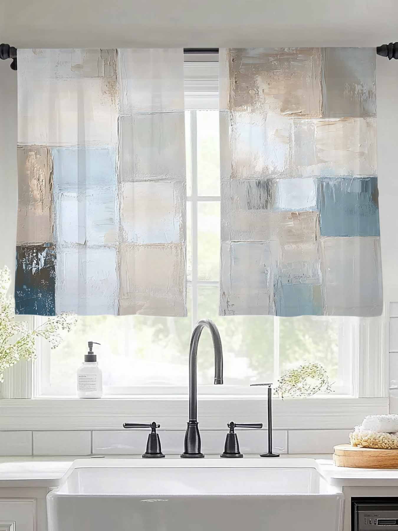 Blue Beige Color Blocks Sheer Curtains for Living Room Bedroom Abstract ...