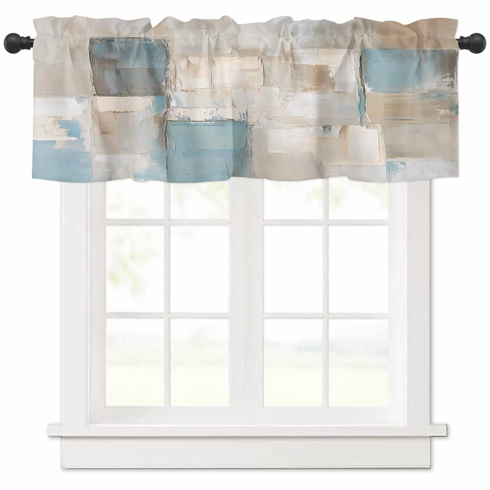 Blue Beige Color Blocks Valances for Windows Farmhouse Kitchen Curtains ...