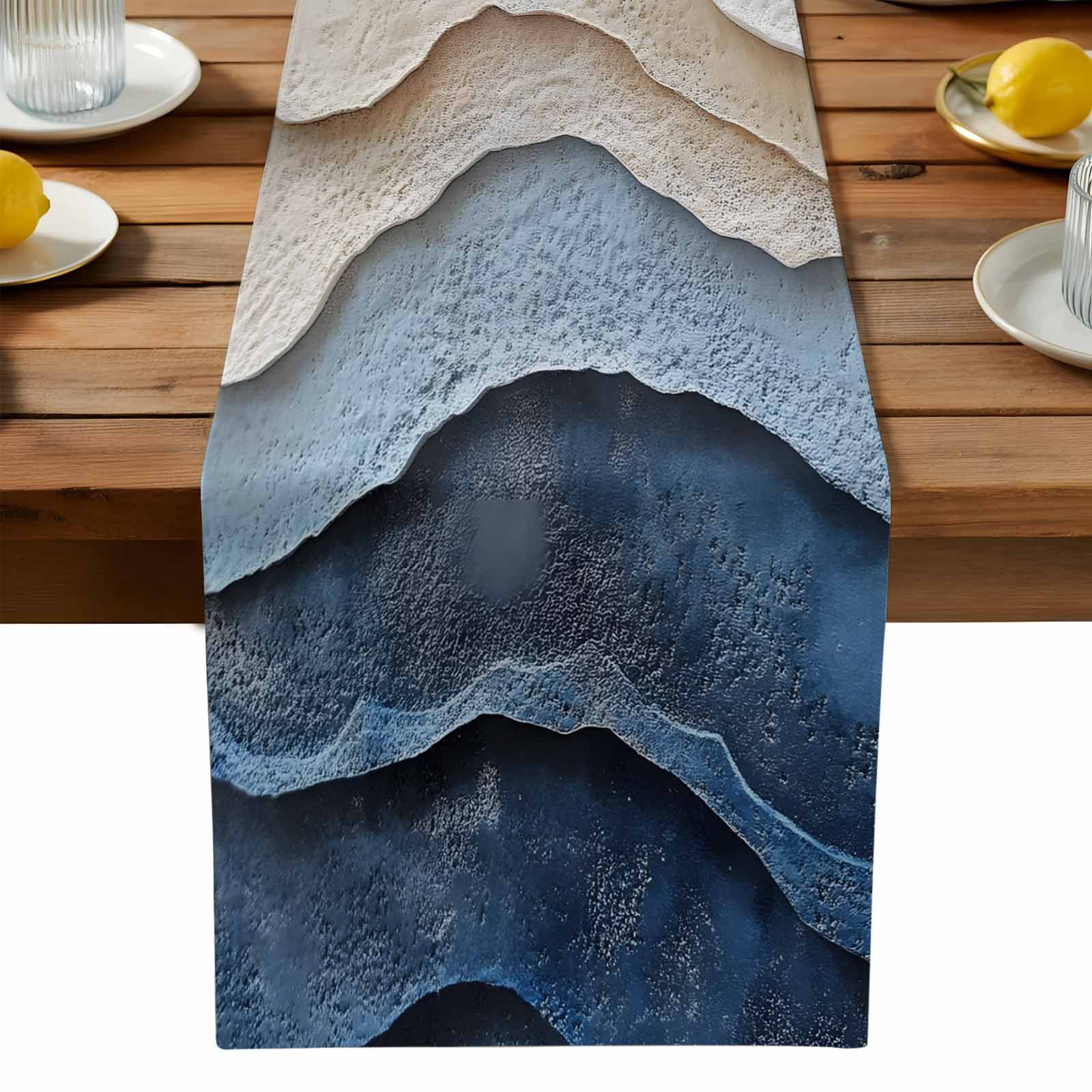 Blue Beige Cotton Linen Table Runner for Dining Kitchen, Coastal Wave ...