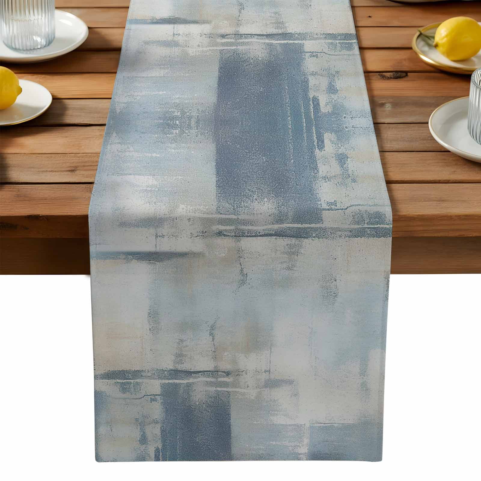 Blue Beige Cotton Linen Table Runner for Dining Kitchen, Oil Painting ...