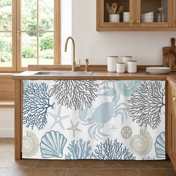 Blue Beige Crab Coastal Pantry Cabinet Curtains 28''x51'', Summer Coral ...