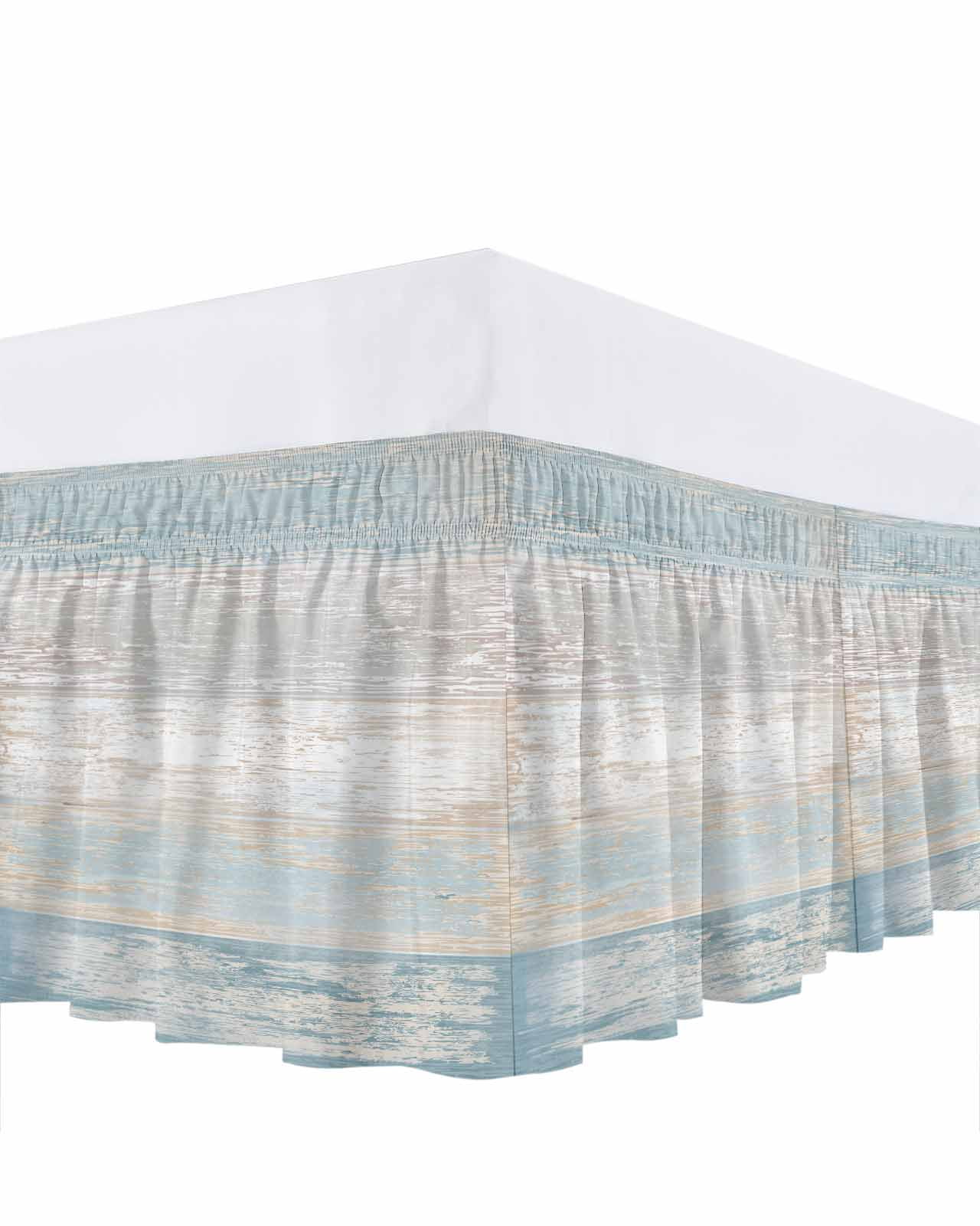 Blue Beige Farmhouse Bed Skirt King Size, Vintage Wooden Striped Wrap ...