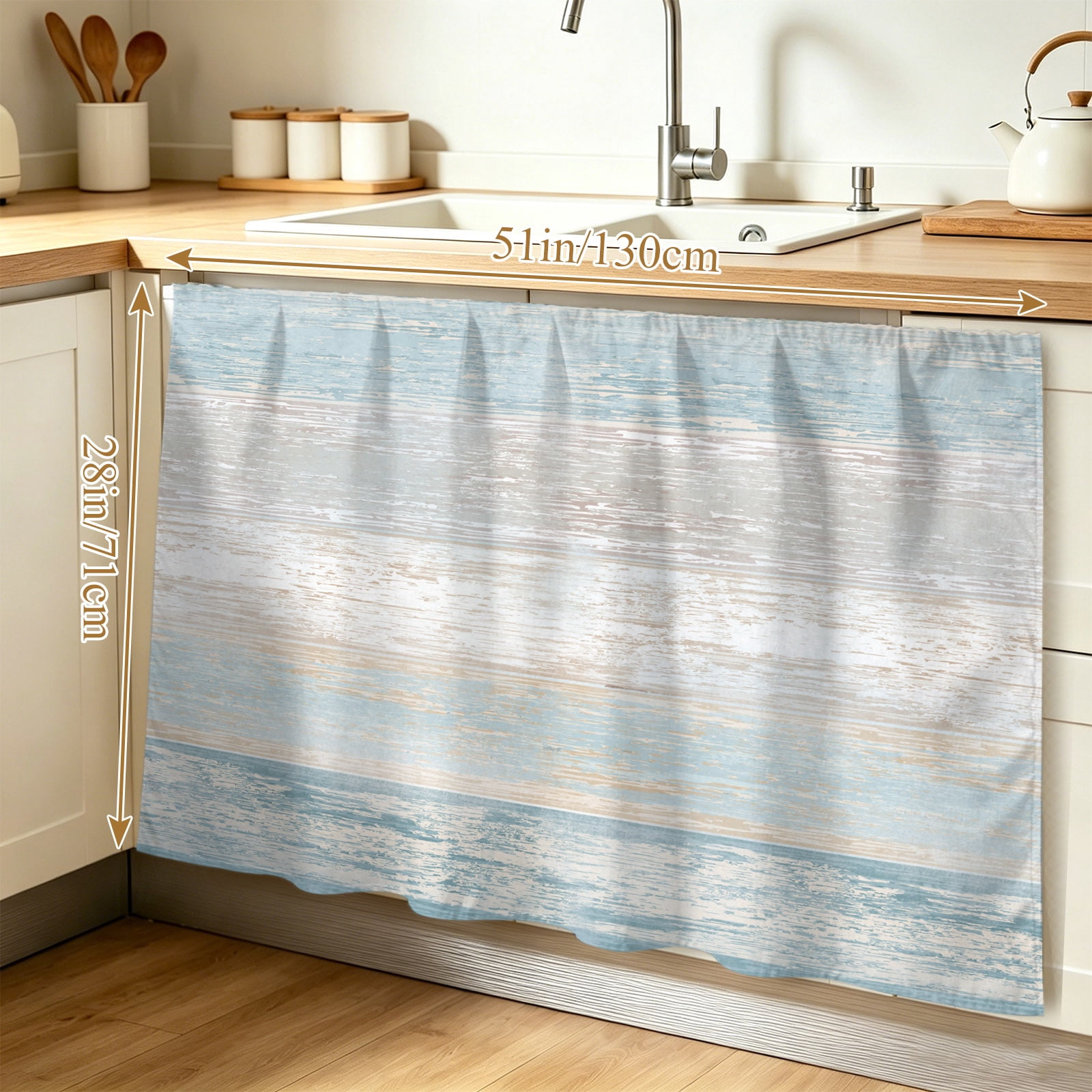 Blue Beige Farmhouse Cabinet Curtain 28"W x 51"L, Vintage Wooden ...