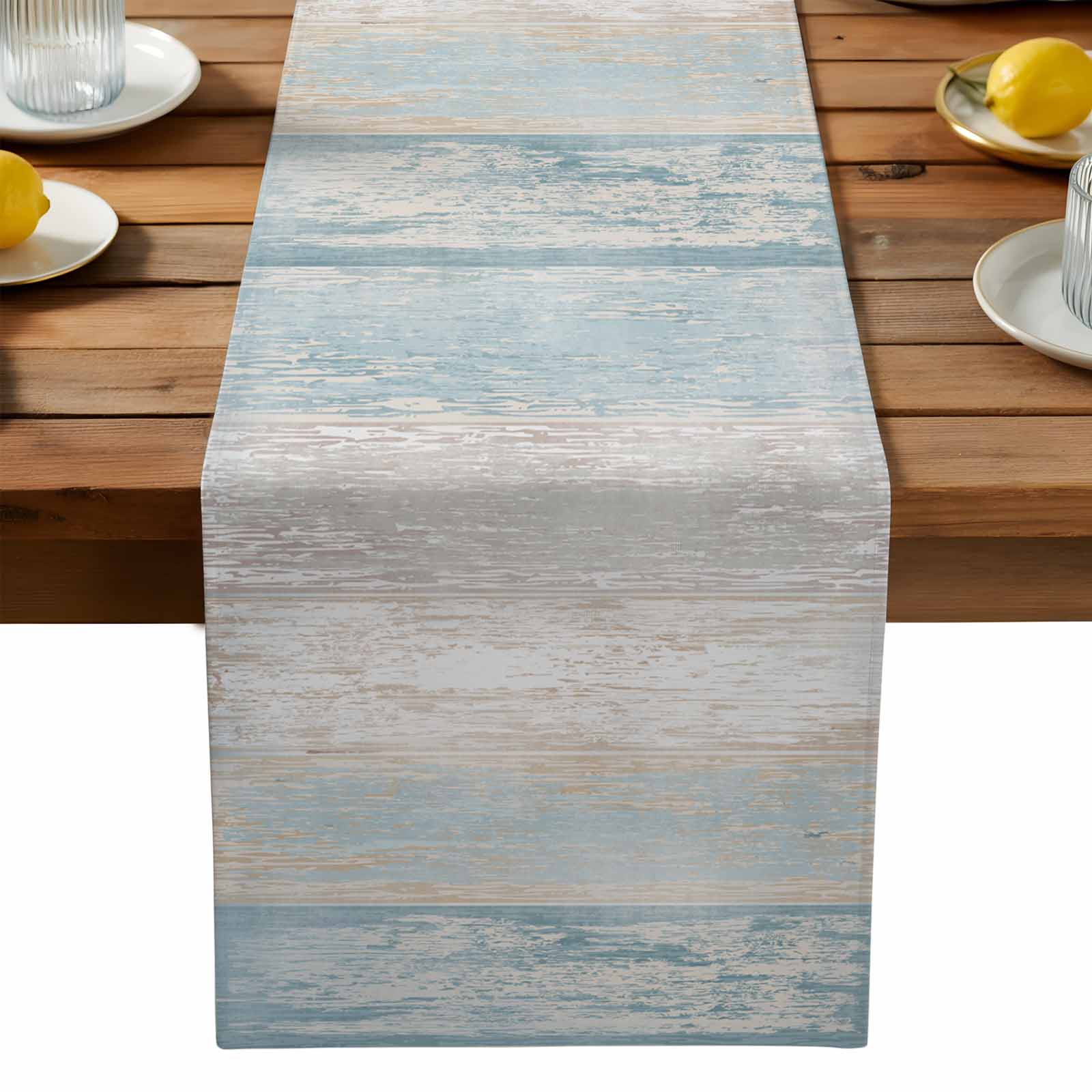 Blue Beige Farmhouse Cotton Linen Table Runner for Dining Kitchen ...